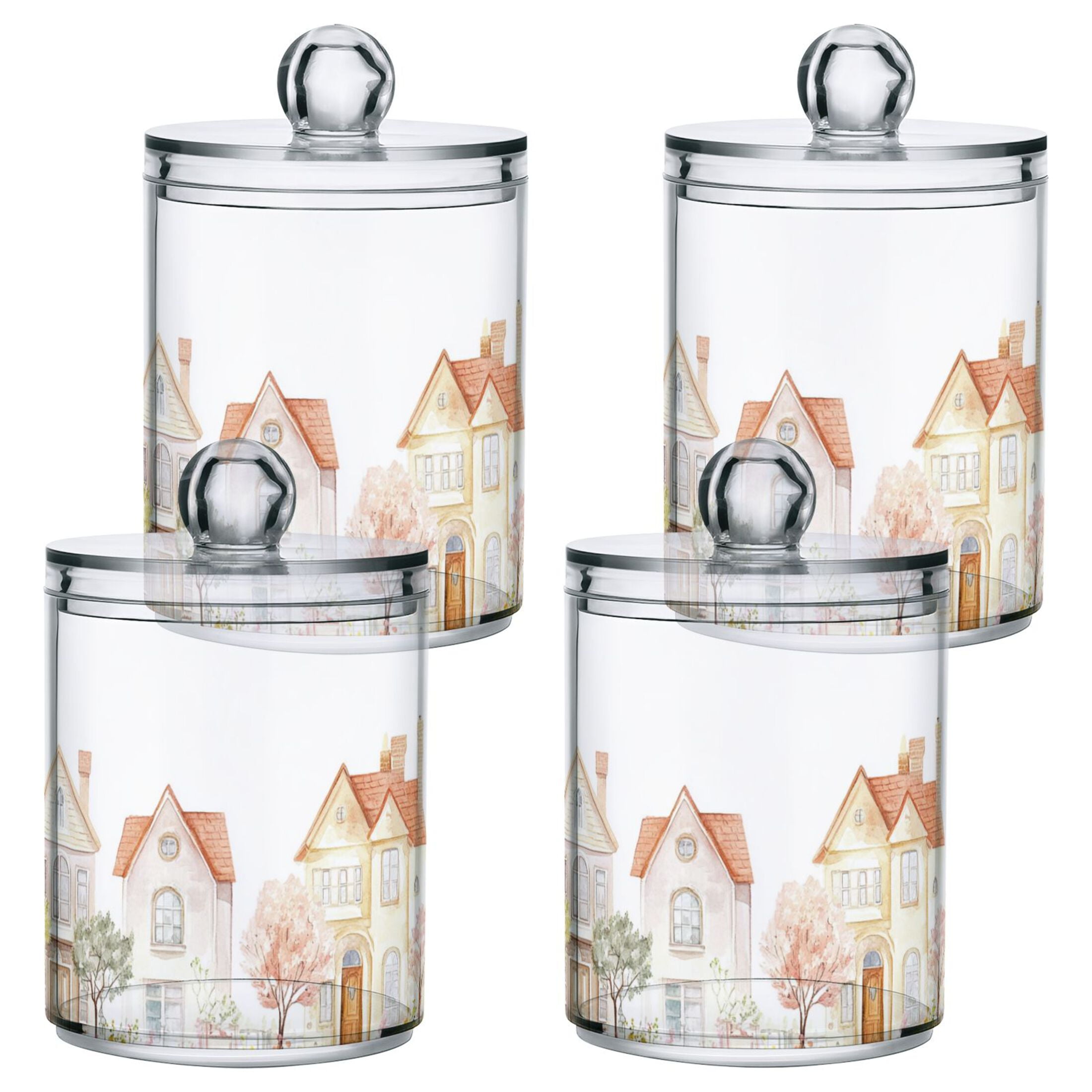Watercolor Pastel Houses Trees Flowers Car Translucent Plastic Cans ...