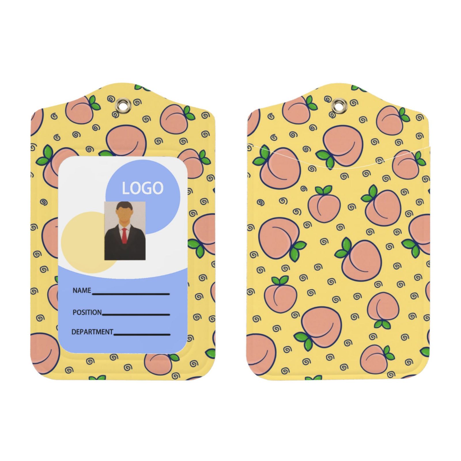 Watercolor Peach And Leaves Pattern Id Card Badge Leather Holder Case ...