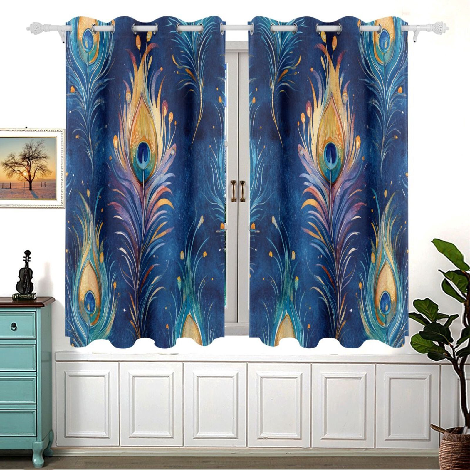 Watercolor Peacock Feather Curtains Grommet Black Out 54 Inch Length ...