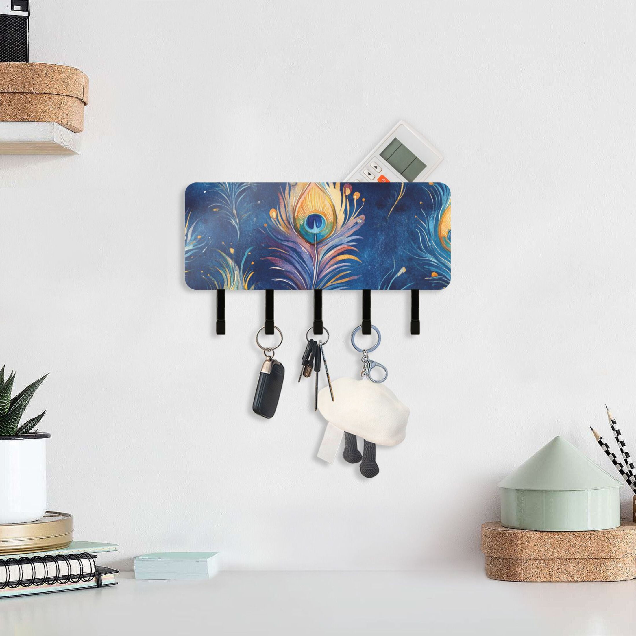 Watercolor Peacock Feather Key Holder for Wall Mail Holder Organizer ...