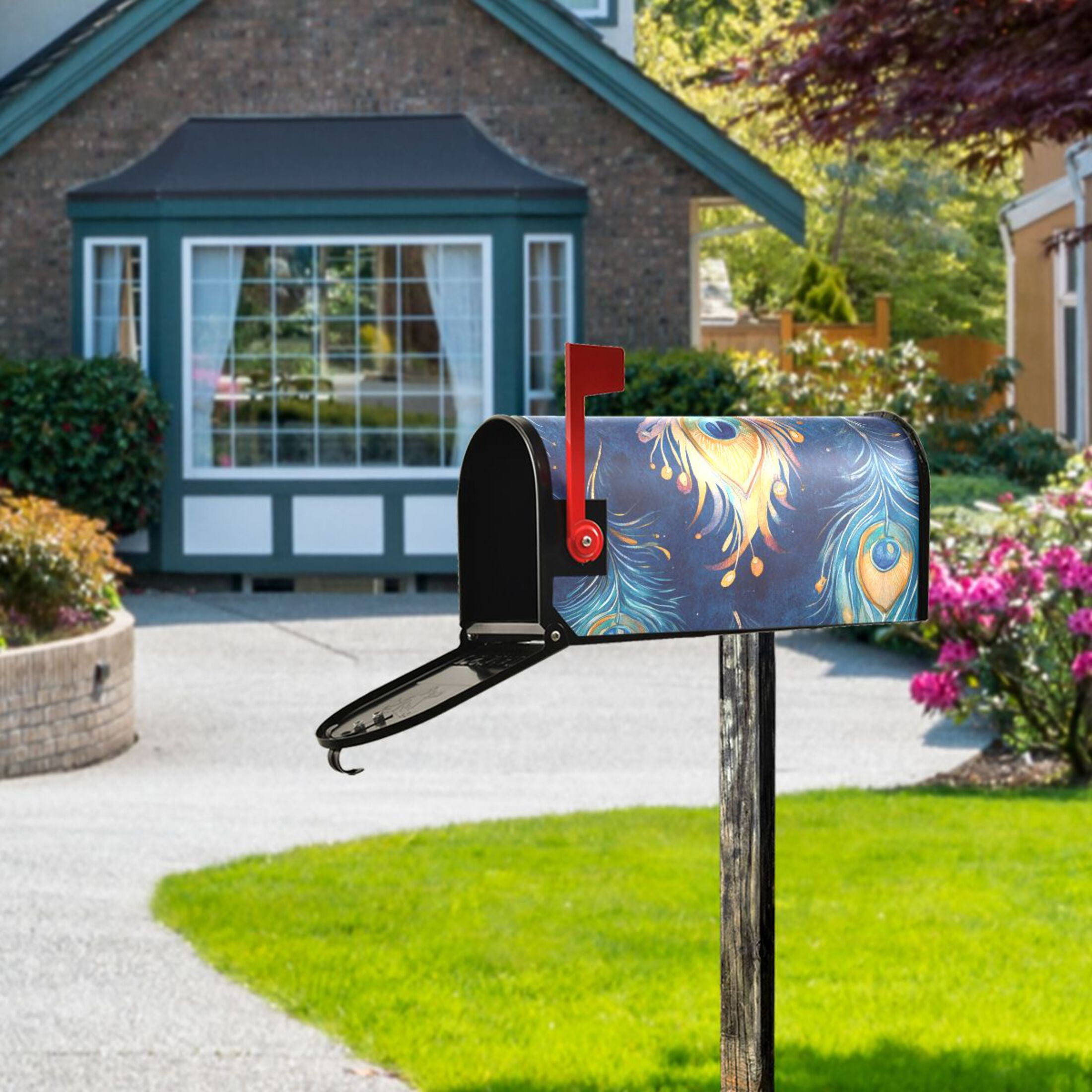 Watercolor Peacock Feather Mailbox Cover Magnetic Standard Size Post ...