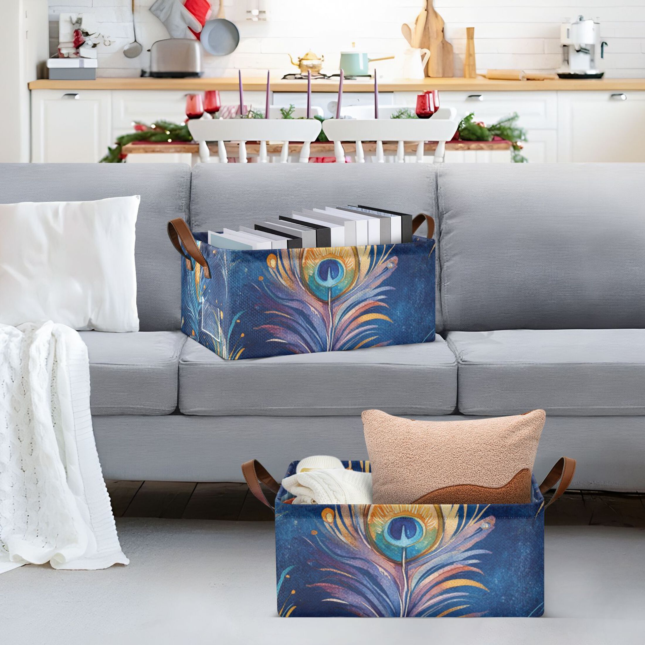 Watercolor Peacock Feather Storage Bins with Handles Foldable Storage ...