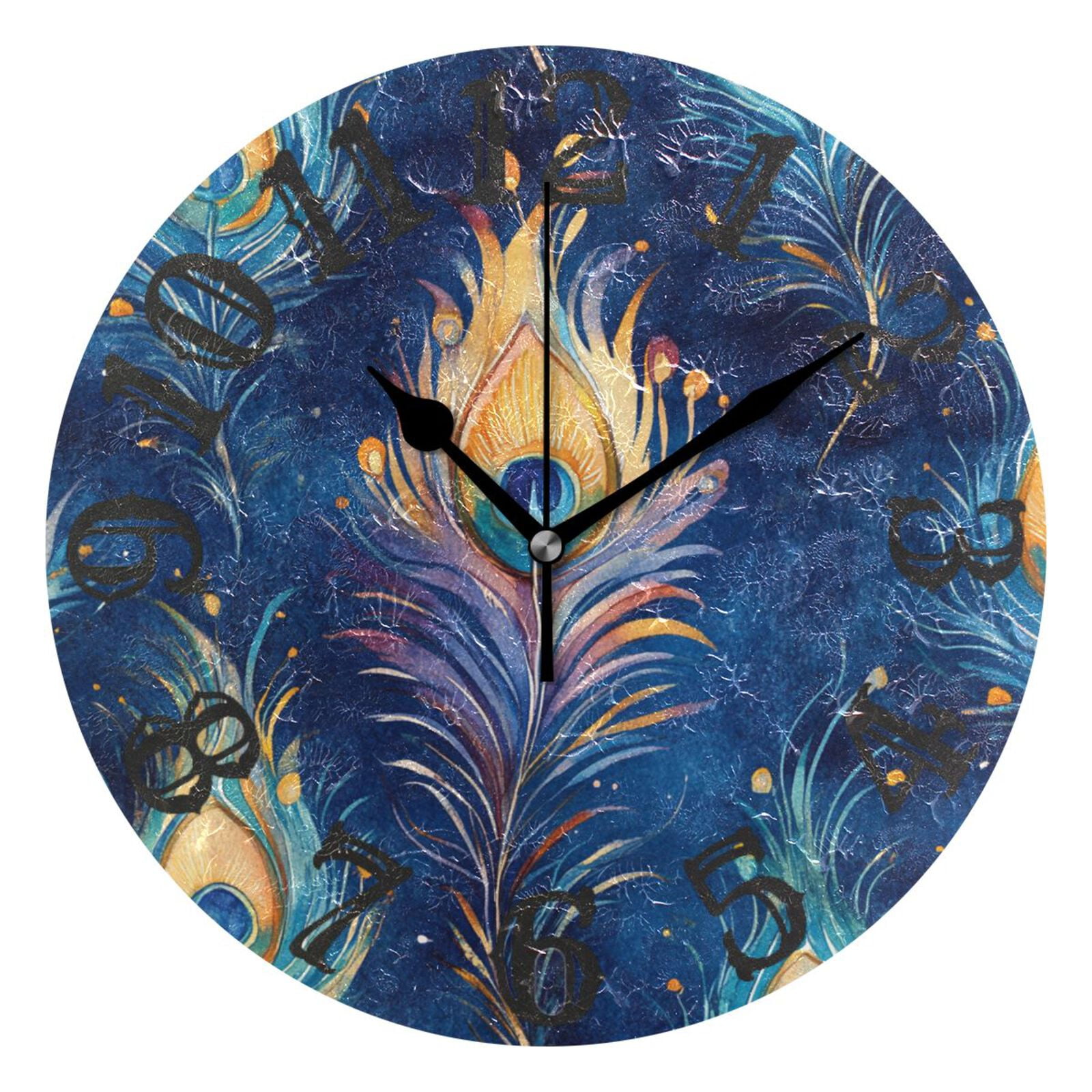 Watercolor Peacock Feather Wall Clock 10 inch Non-Ticking Easy to Read ...