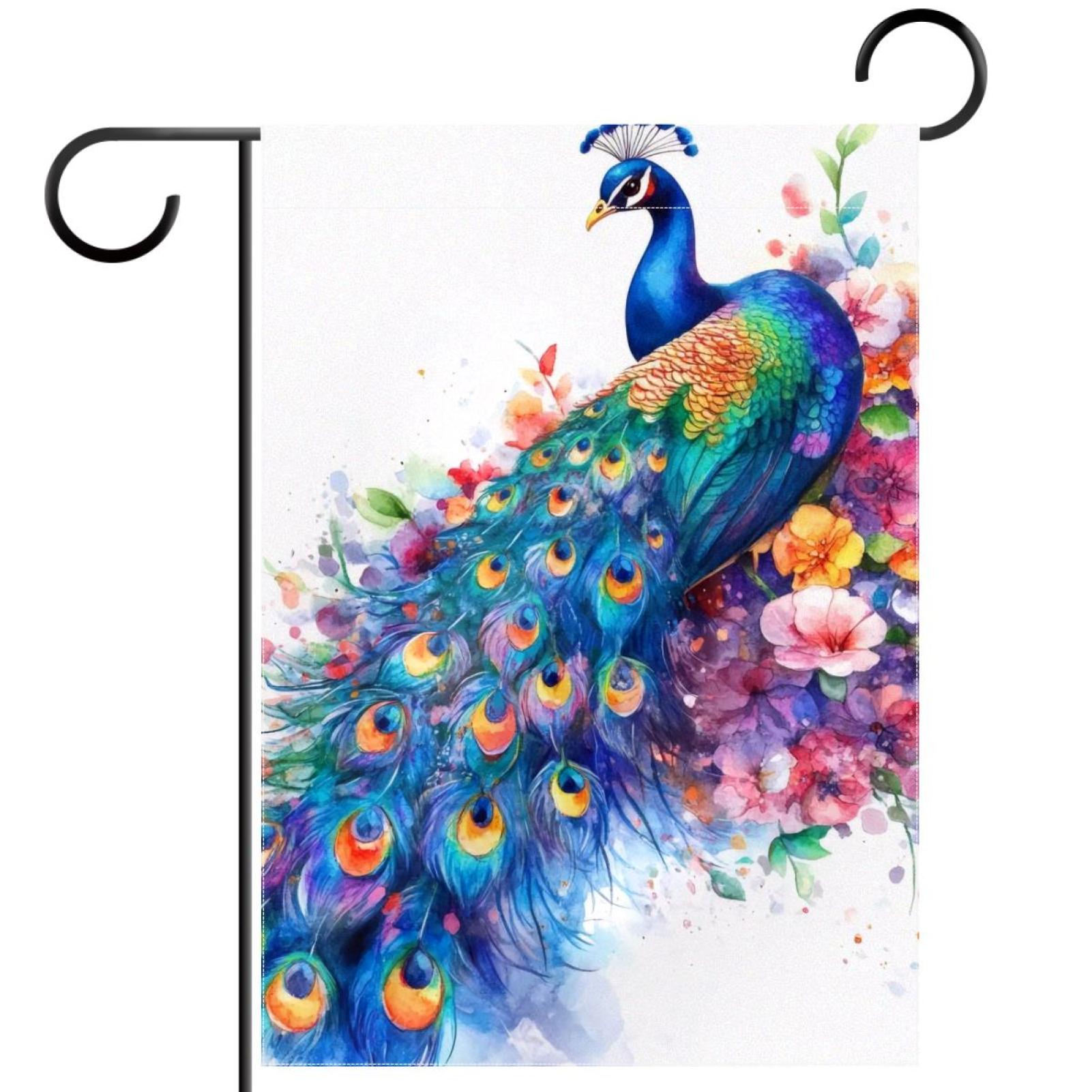 Watercolor Peacock with Feathers Flowers Welcome Garden Flags, 12 x 18 ...