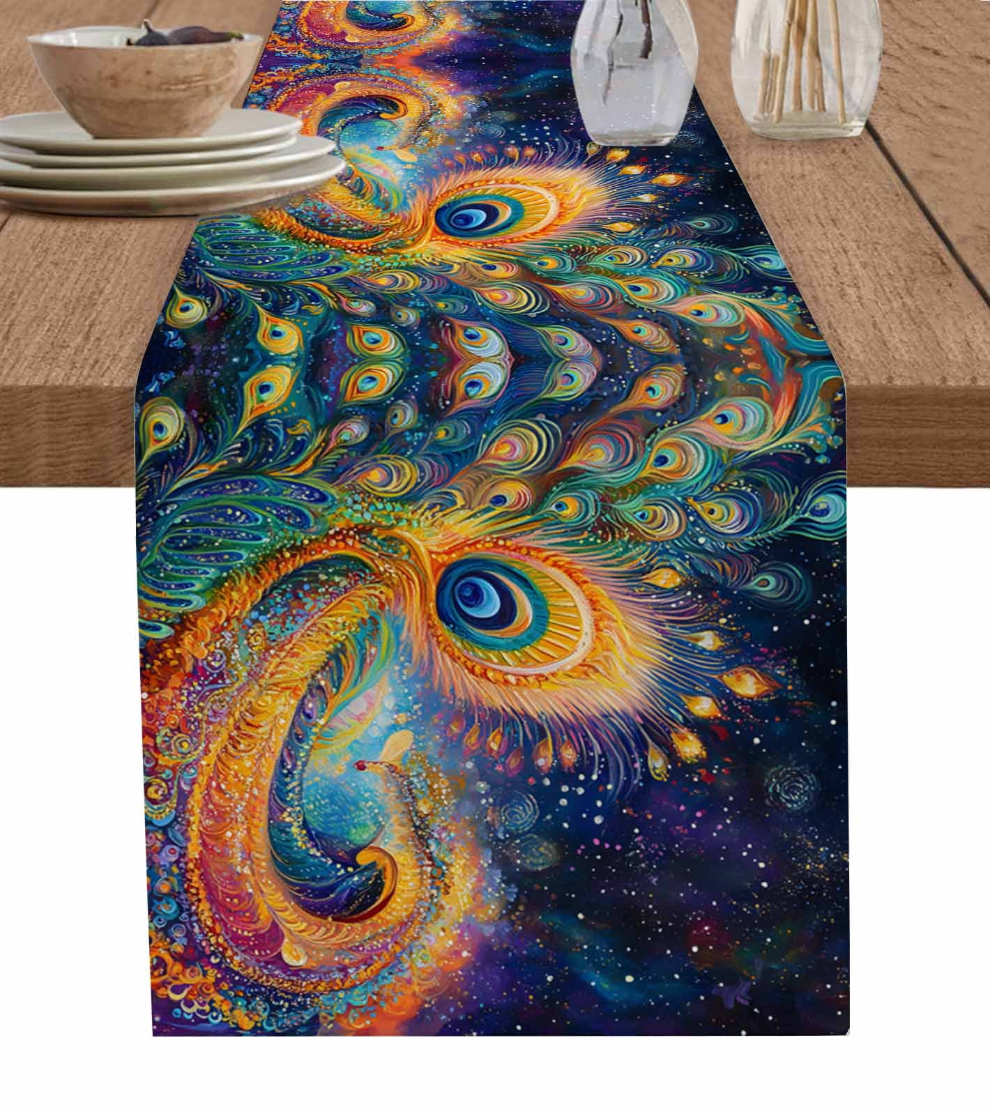 Watercolor Peacock Feathers Table Runner 60 Inches, Abstract Oil ...