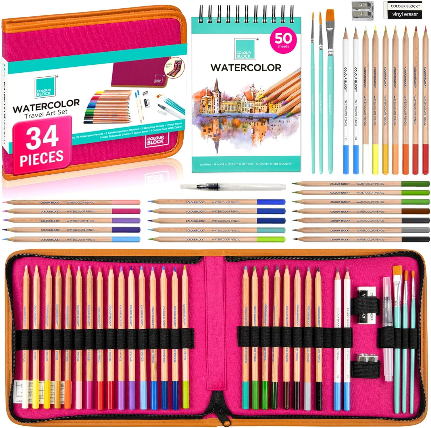 Watercolor Pencil Travel Art Set I 34pc Professional Drawing Kit ...