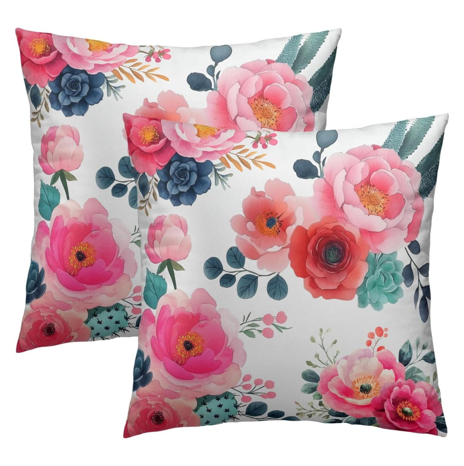 Watercolor Peony Throw Pillow Covers 24x24 Inch Set of 2 Pink Floral ...