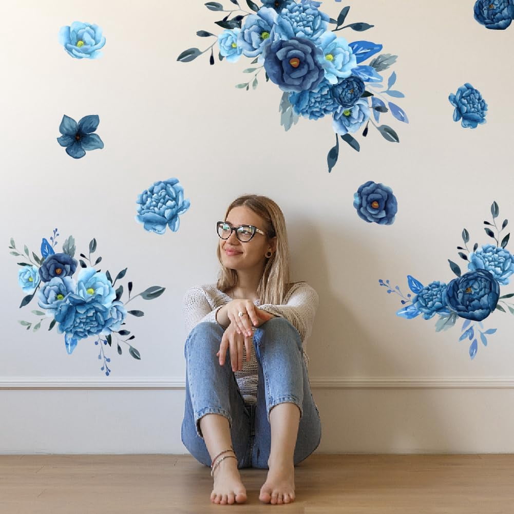 Watercolor Peony Wall Stickers Blue Rose Flowers Wall Decals Oversized ...