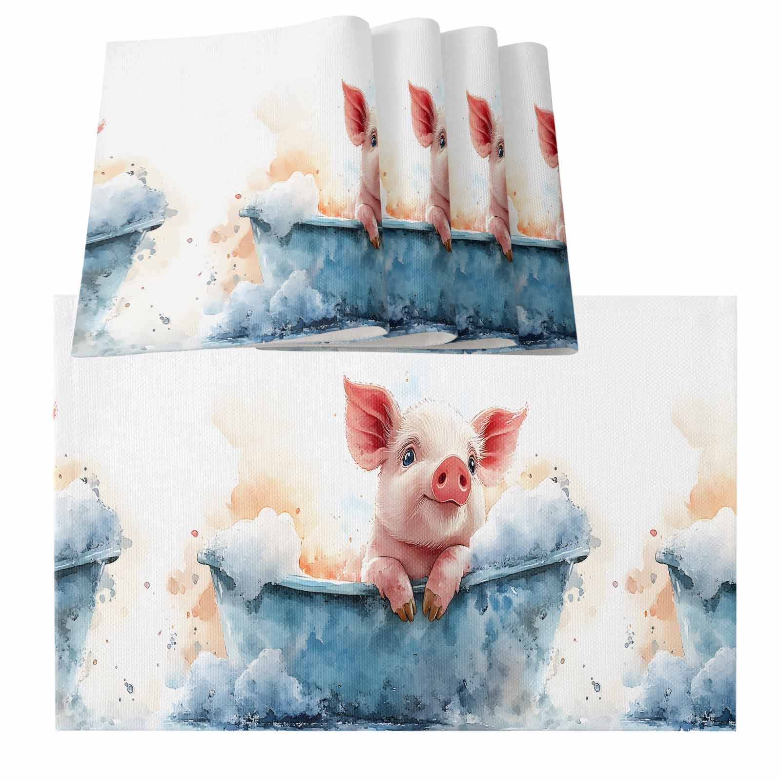 Watercolor Pig Placemats for Dinning Table Set of 6, Pig in Bathtub ...