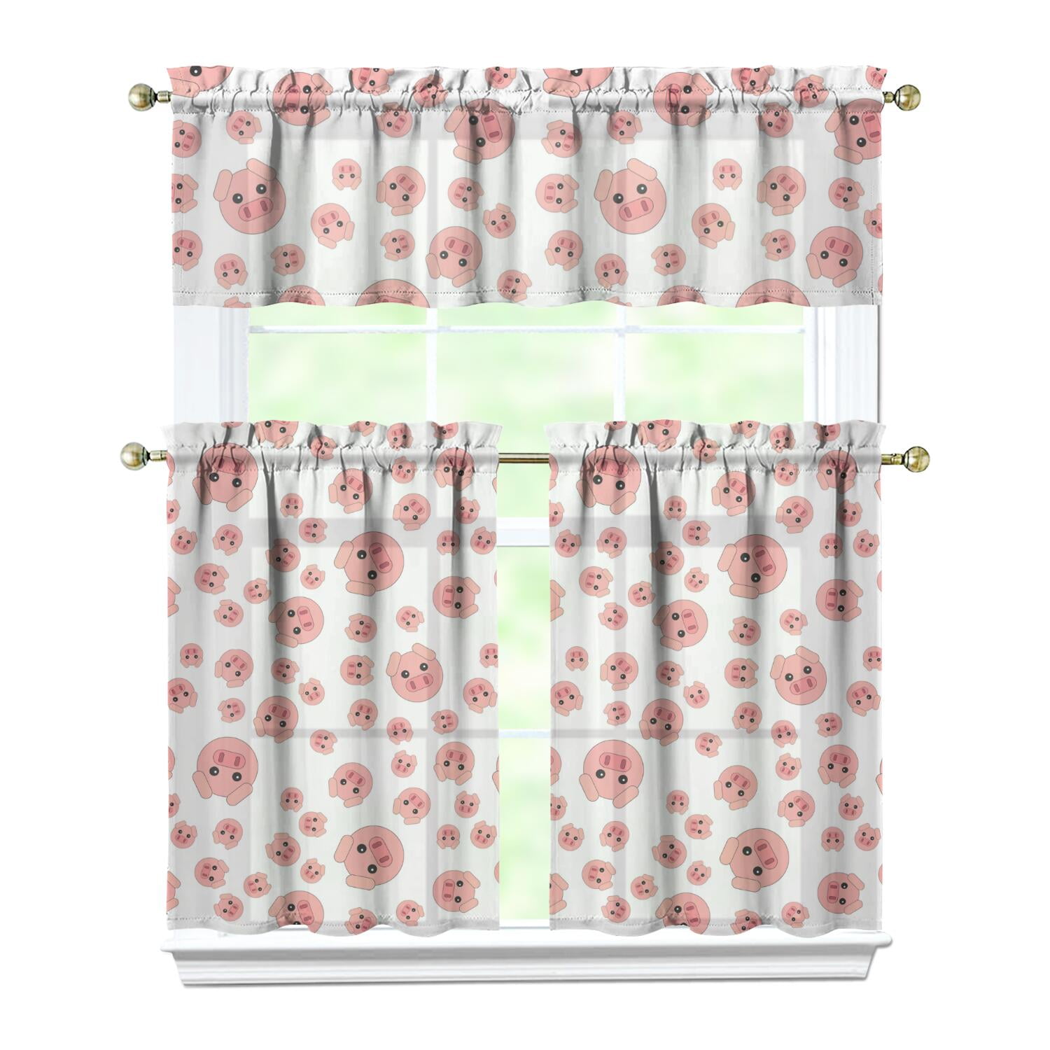 Watercolor Pig Print Kitchen Curtains - 3 PC Farmhouse Set with Funny ...