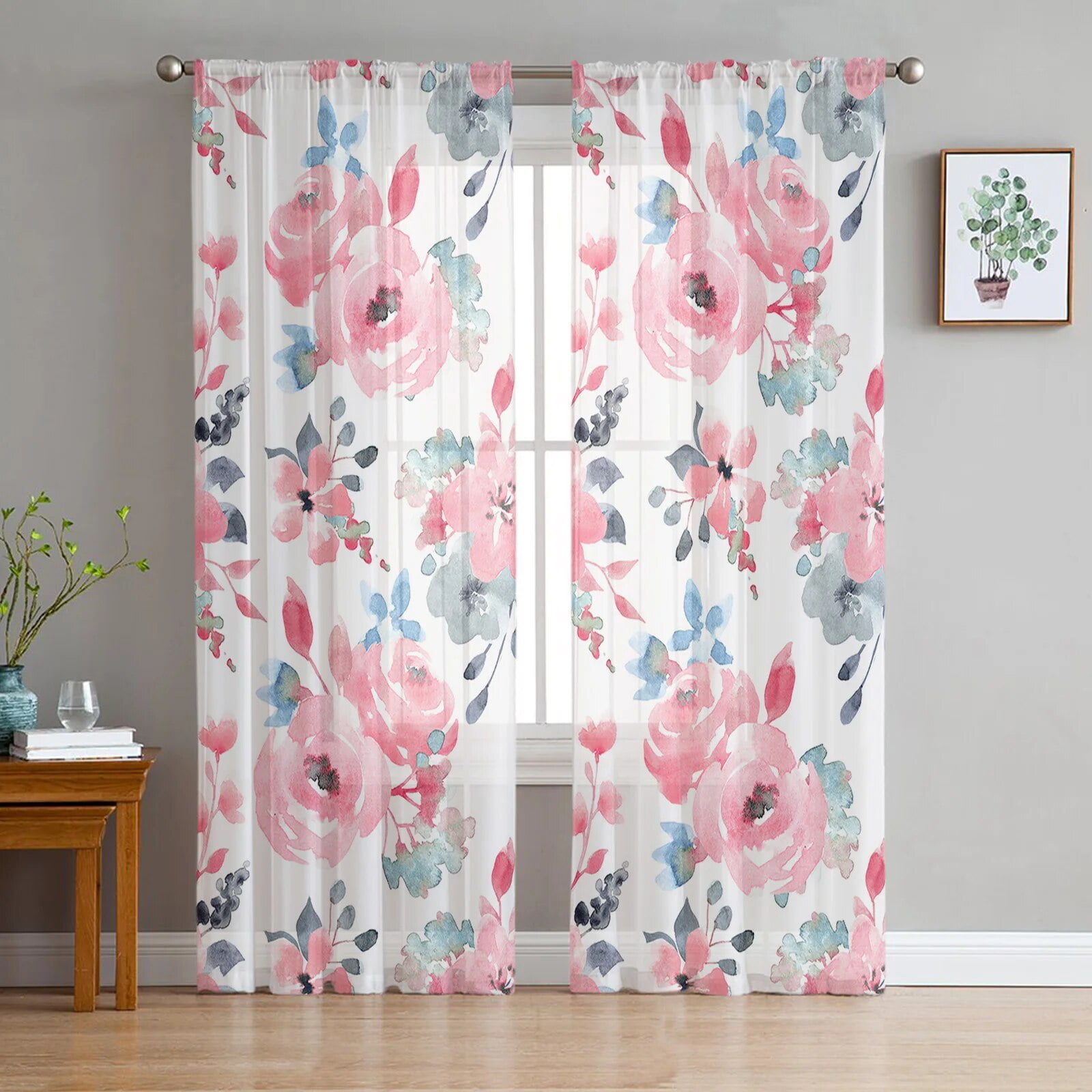 Watercolor Pink Abstract Flowers Window Tulle Curtains for Living Room ...