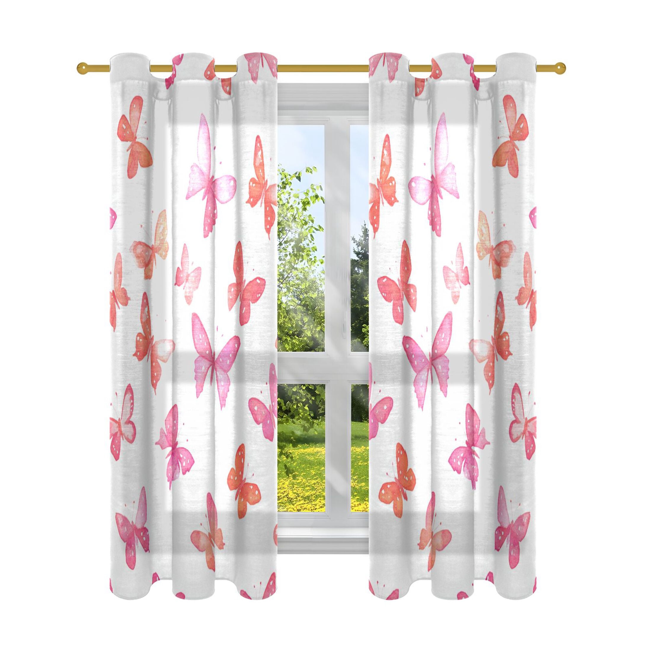 Watercolor Pink Butterfly Semi Sheer Curtains for Living Room Bedroom ...