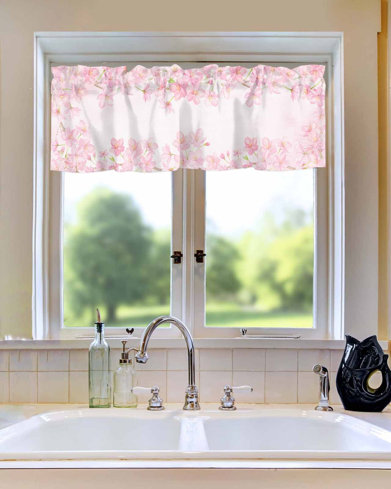 Watercolor Pink Cherry Blossom Floral Window Valances for Kitchen,Rod ...