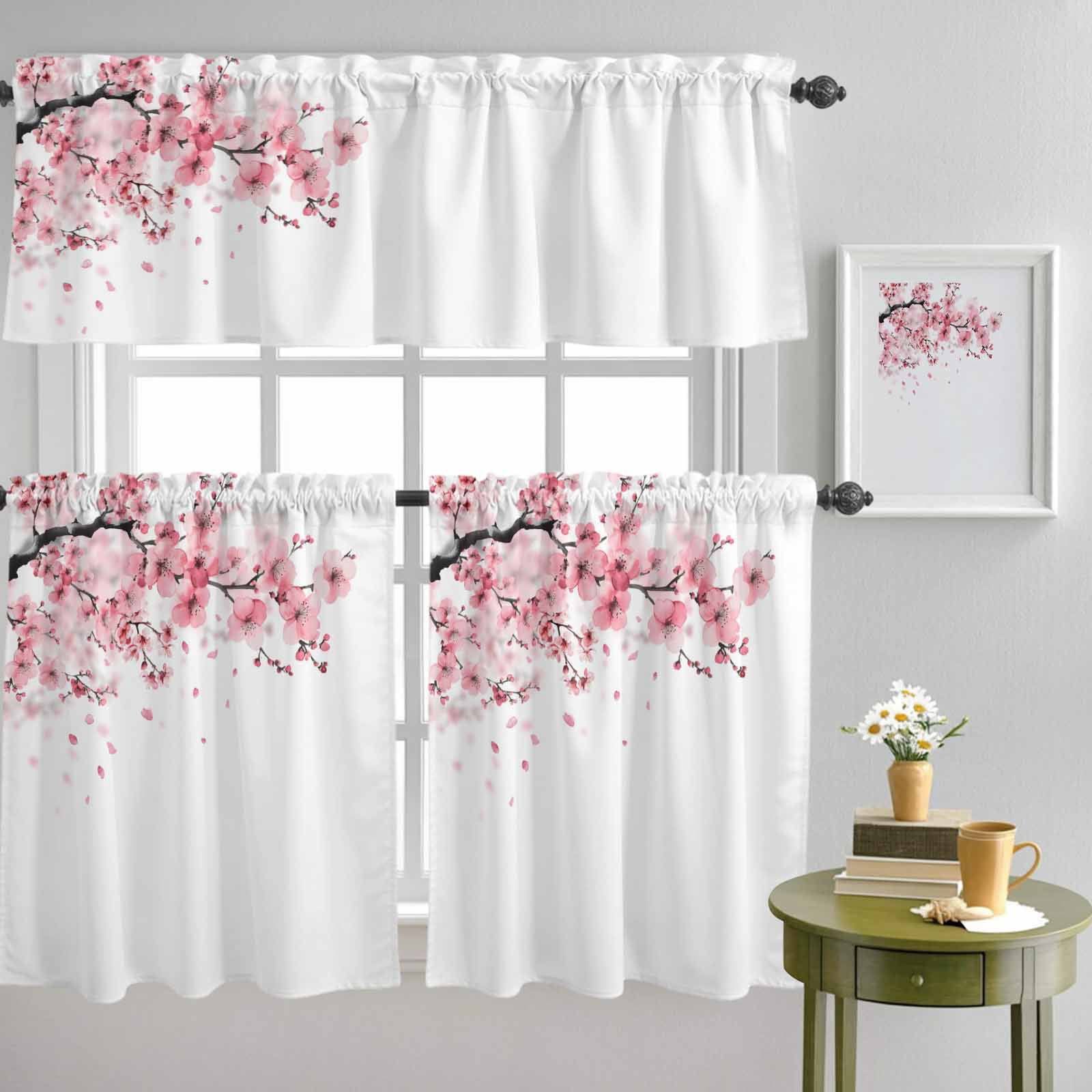 Watercolor Pink Cherry Blossom Flower Curtain Tier and Valance Set 3 ...