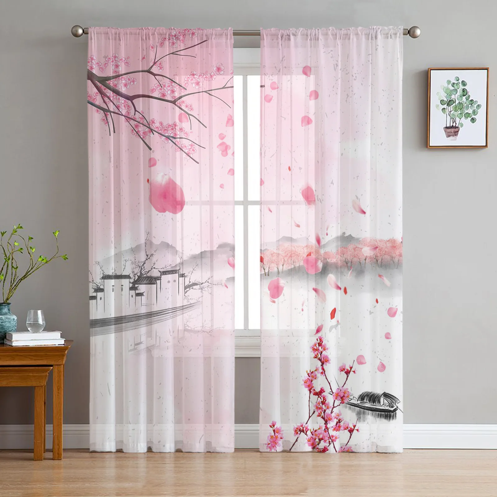 Watercolor Pink Cherry Blossom Ink Chiffon Sheer Curtains for Living ...