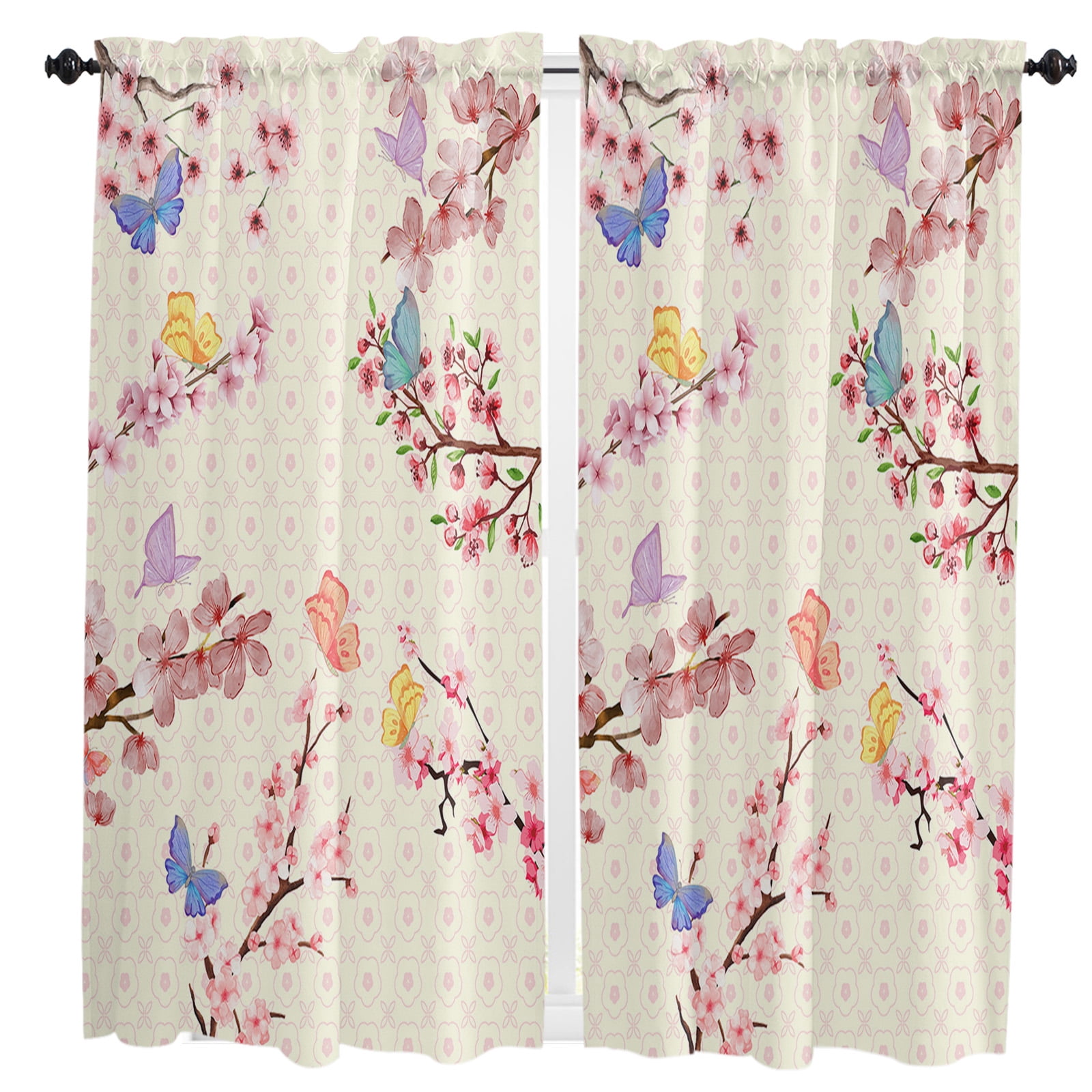 Watercolor Pink Cherry Blossom Ink Curtains For Living Room Bedroom ...