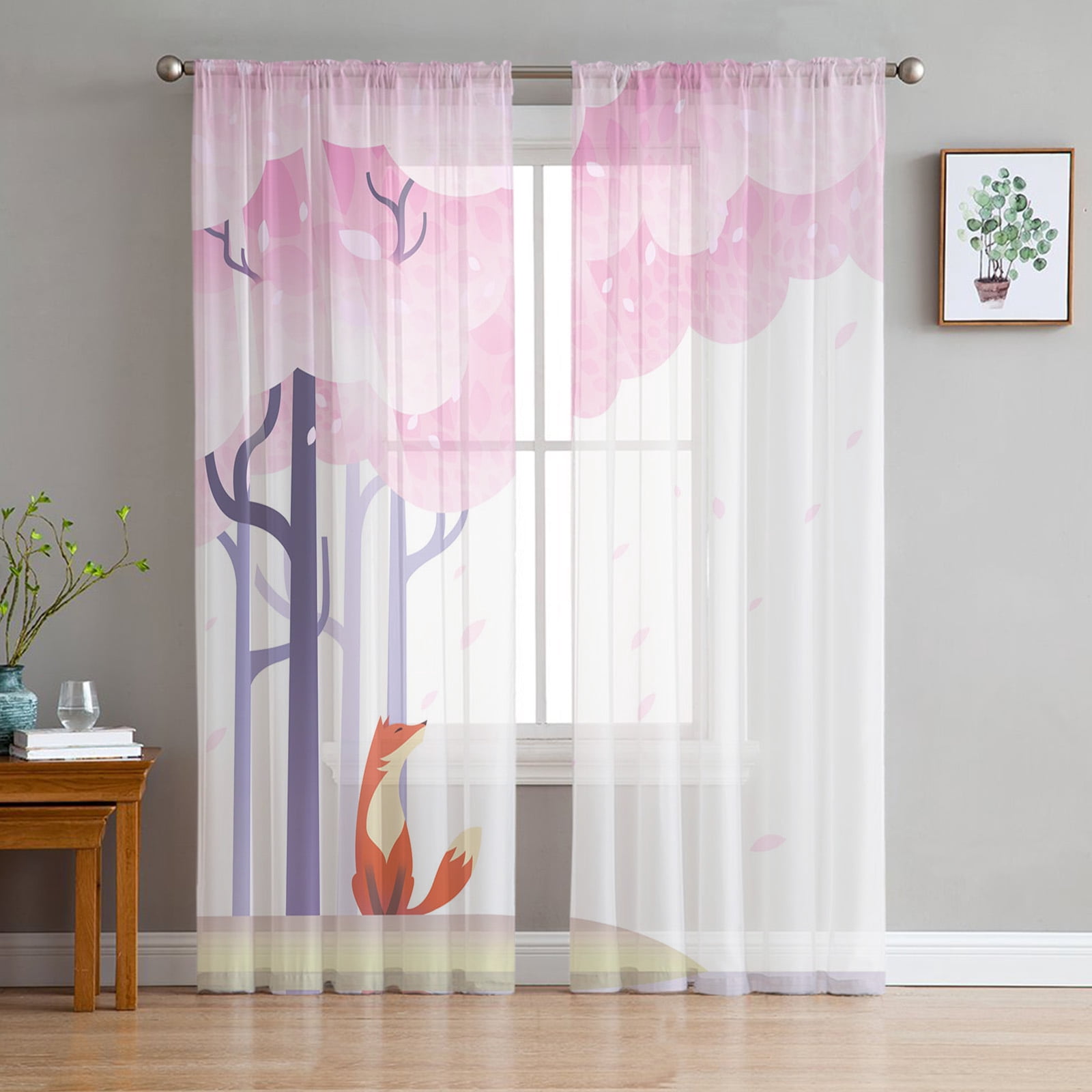 Watercolor Pink Cherry Blossom Ink Tulle Sheer Curtains for Living Room ...