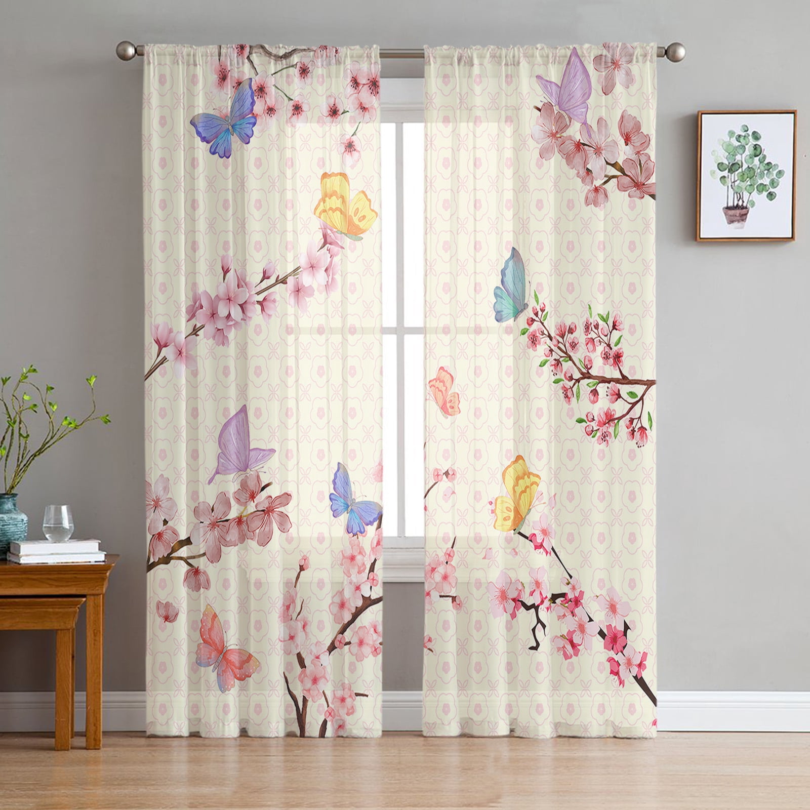 Watercolor Pink Cherry Blossom Ink Tulle Sheer Curtains for Living Room ...