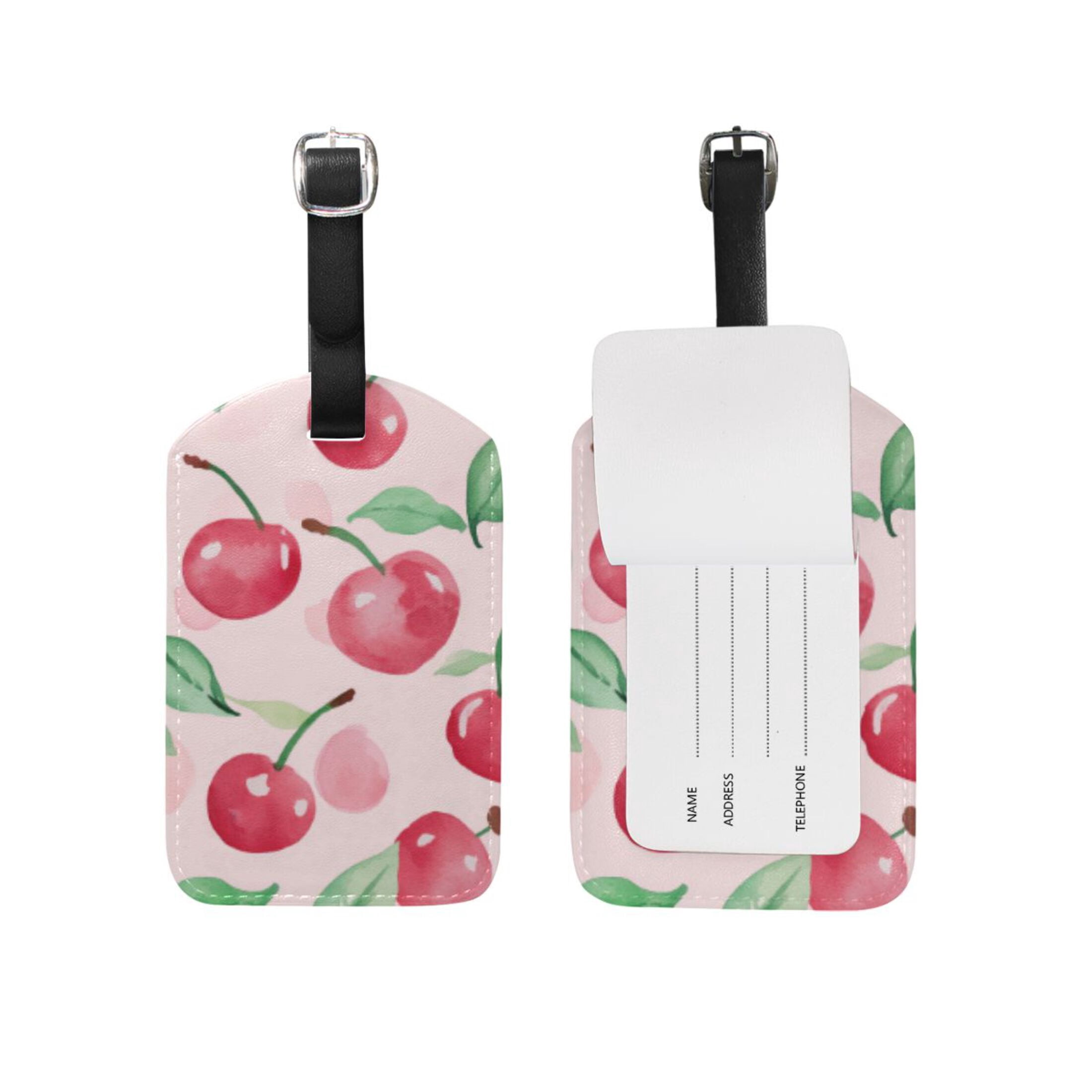 Watercolor Pink Cherry Luggage Tags PU Leather Name ID Labels for ...