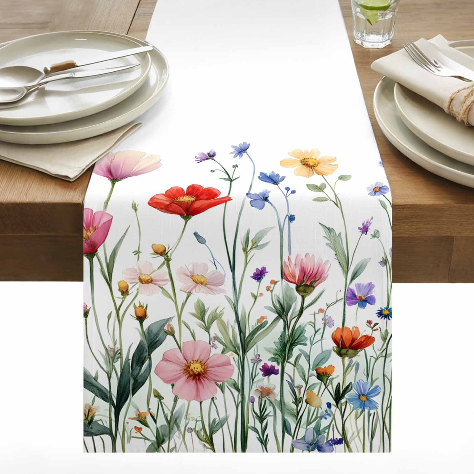 Watercolor Pink Cotton Linen Table Runner Blue Flower Spring Wildflower ...