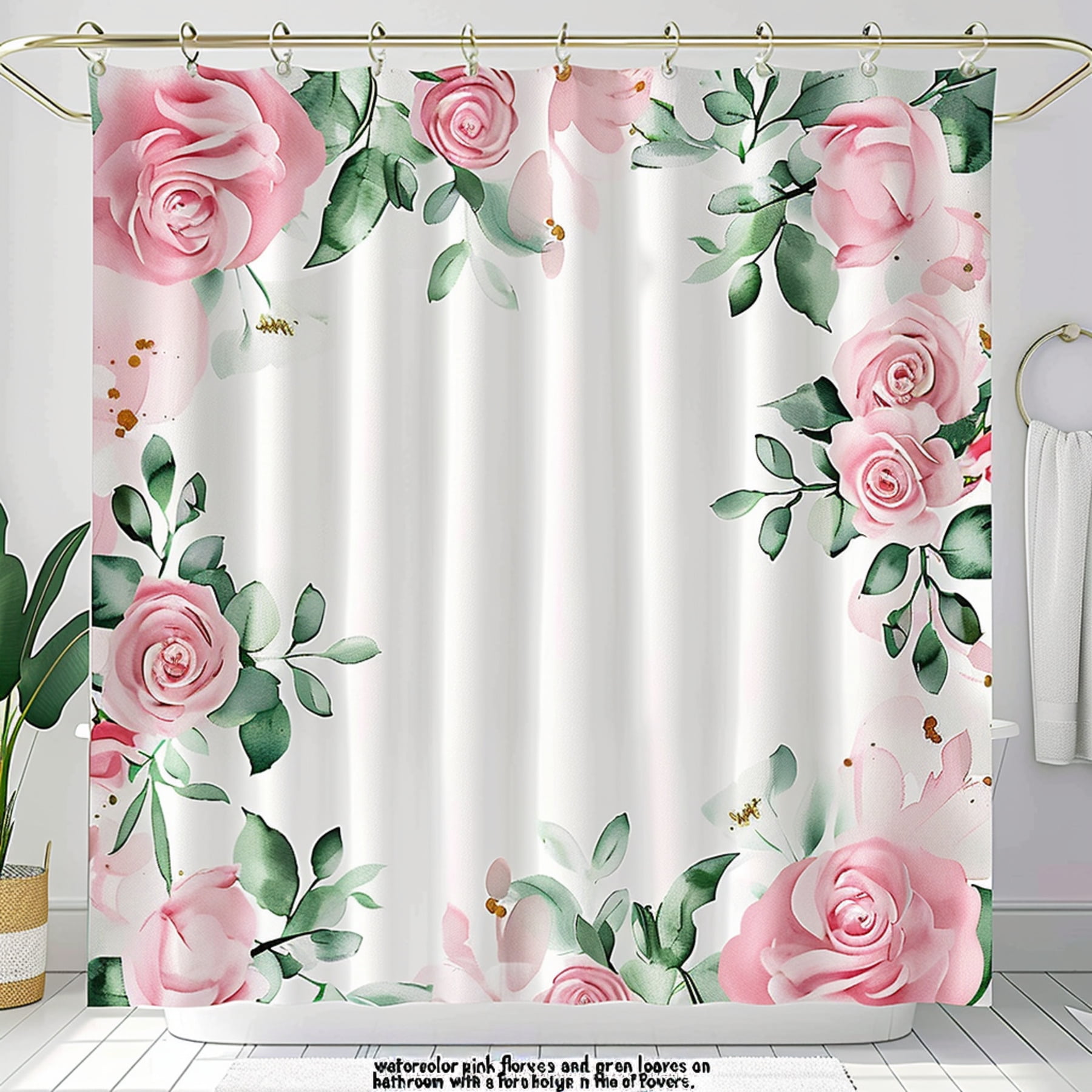 Watercolor Pink Floral Roses and Green Leaves Shower Curtain with ...