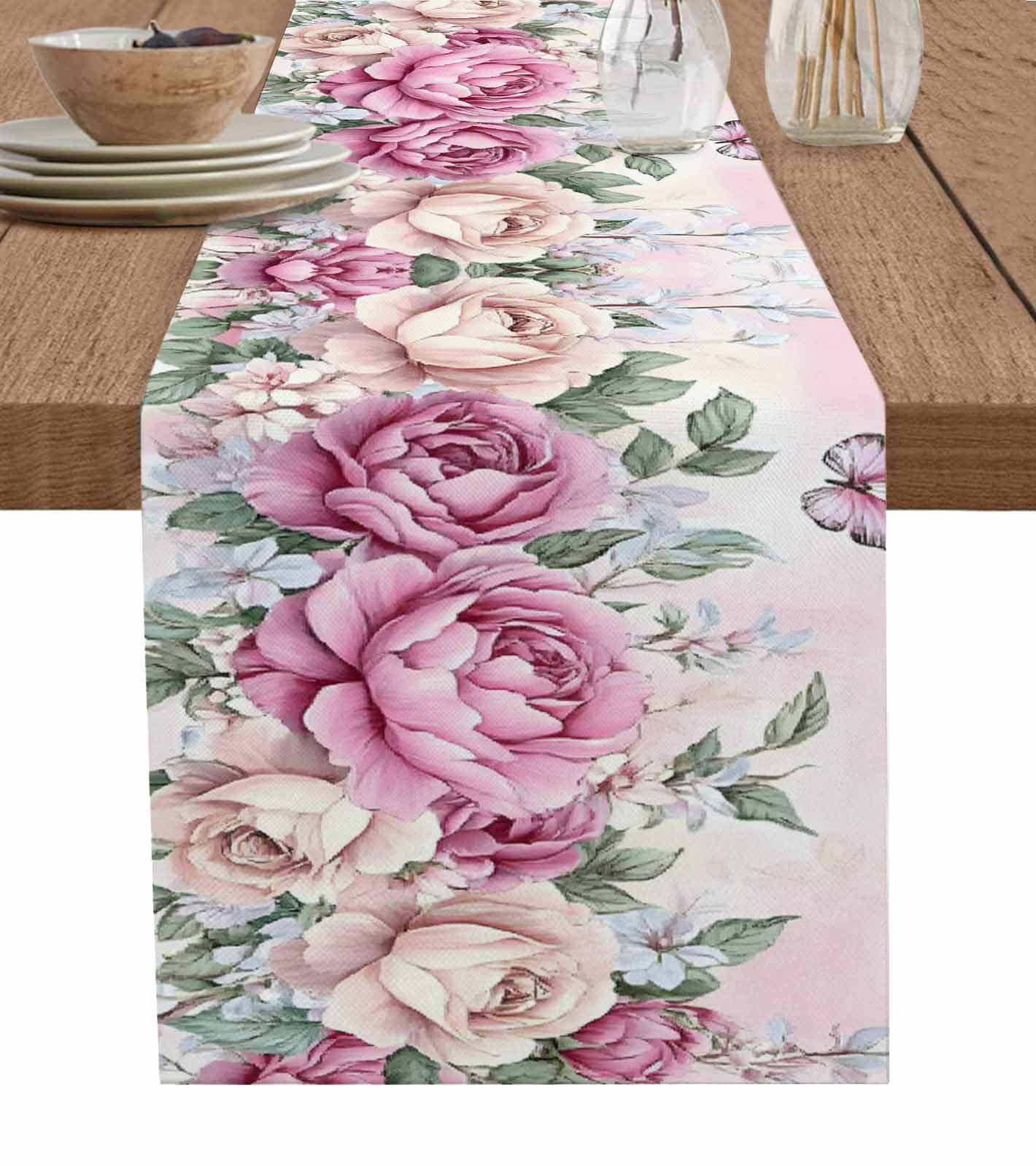 Watercolor Pink Floral Table Runner 90 Inches, Spring Romantic Roses ...