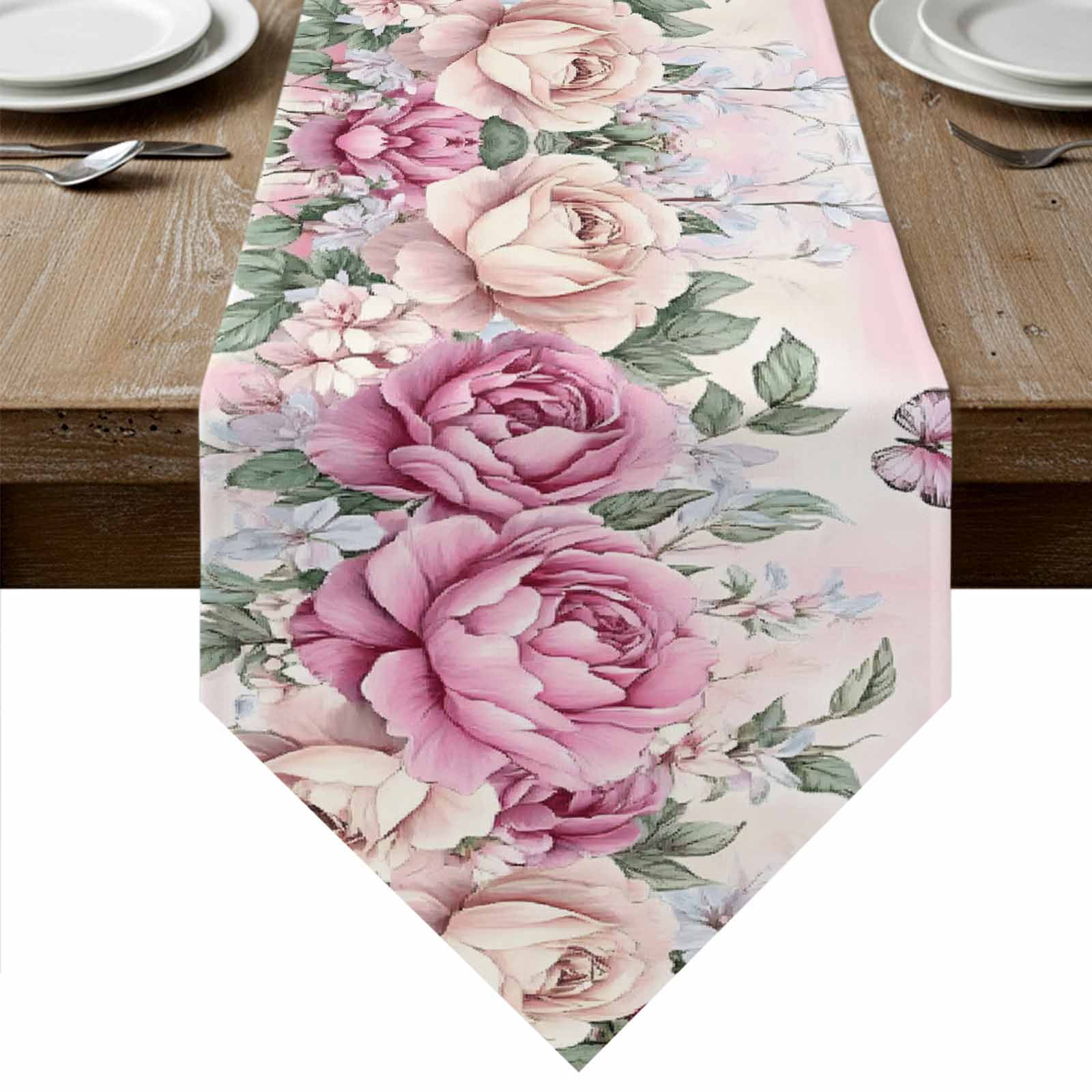 Watercolor Pink Floral Table Runner Linen Burlap Table Runner 90 Inches ...