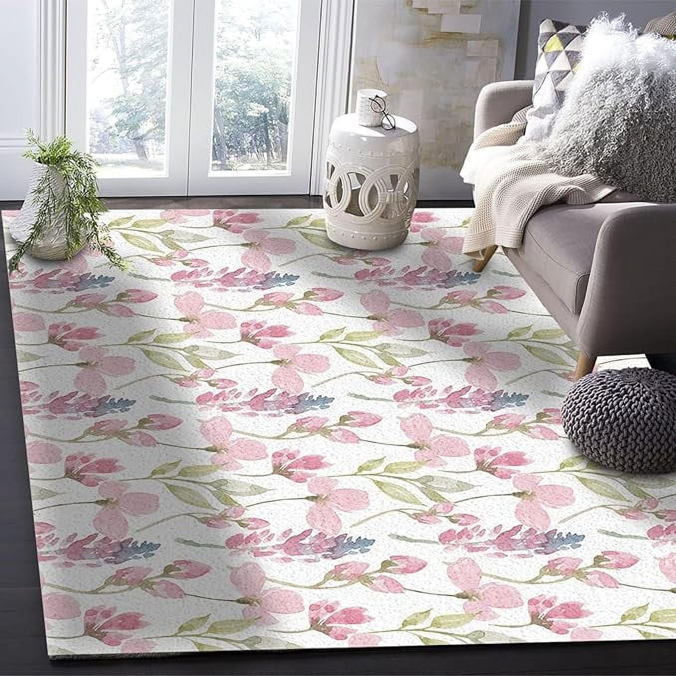Watercolor Pink Flower Area Rug, White Floral Leaves Carpet, Soft Non ...
