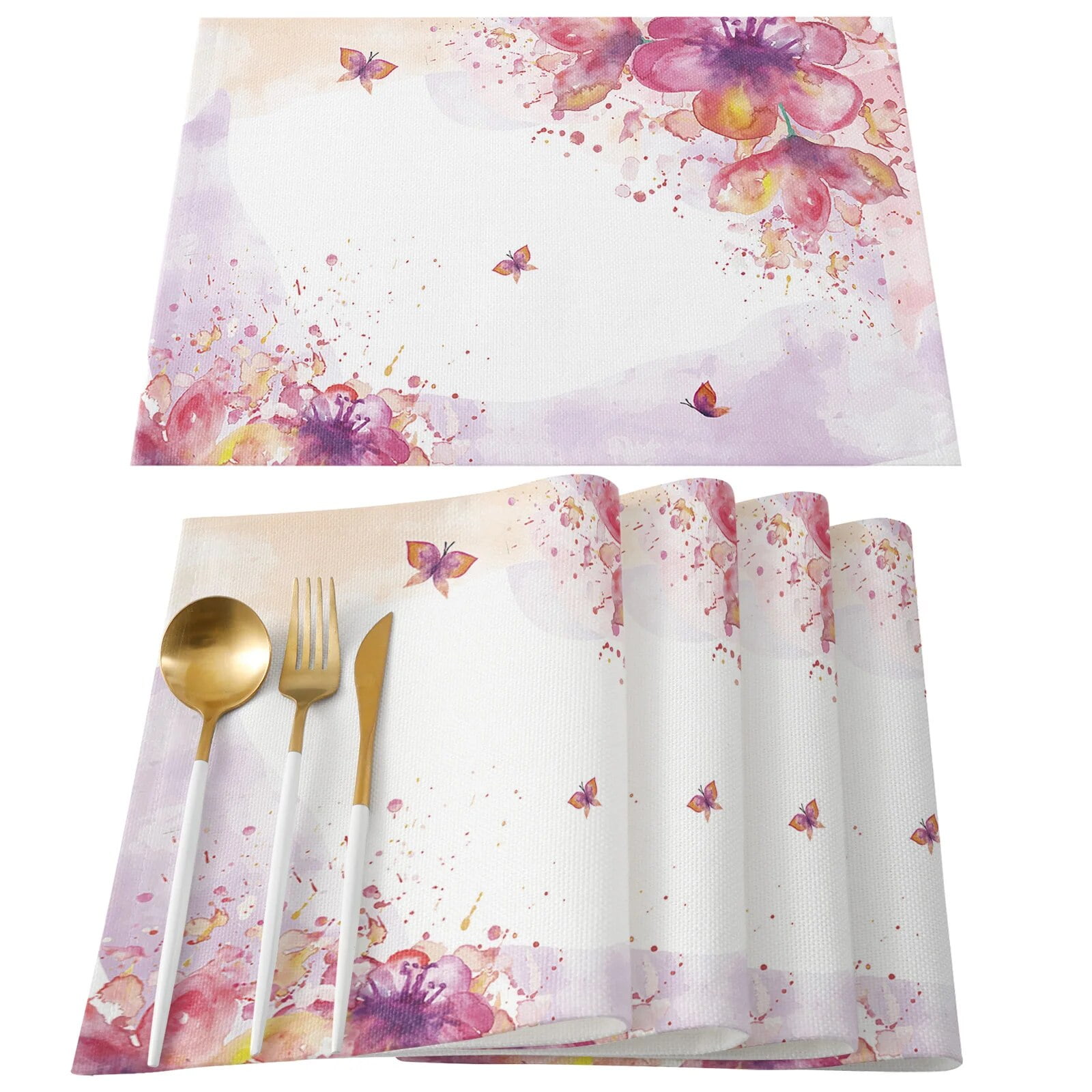 Watercolor Pink Flower Bloom Butterfly Placemat Set of Kitchen Coffee ...