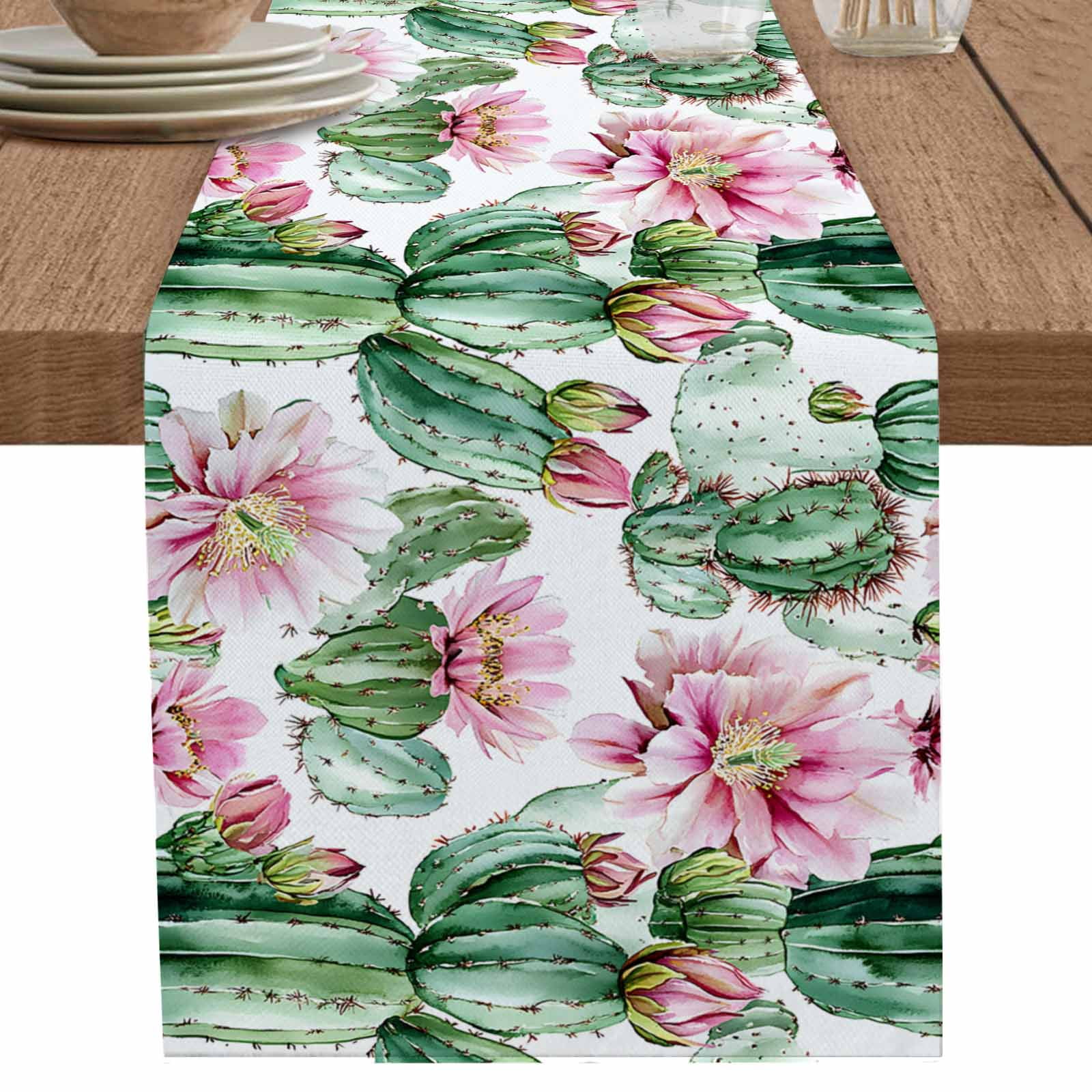 Watercolor Pink Flower Green Cactus Table Runner-36 Inch Long Tropical ...