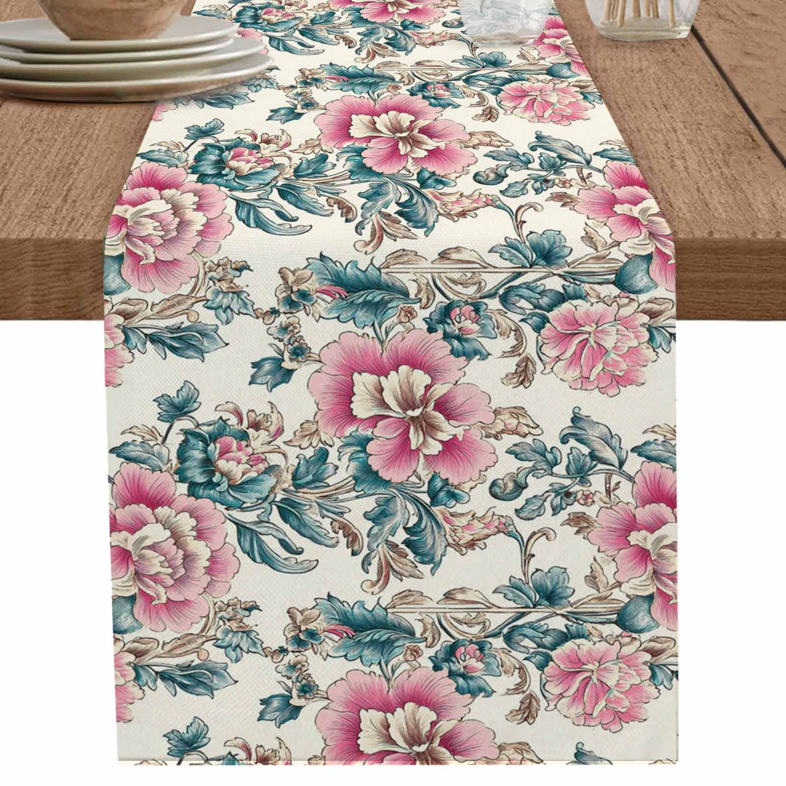 Watercolor Pink Flower Green Leaf on Vintage Table Runner-36 Inch Long ...