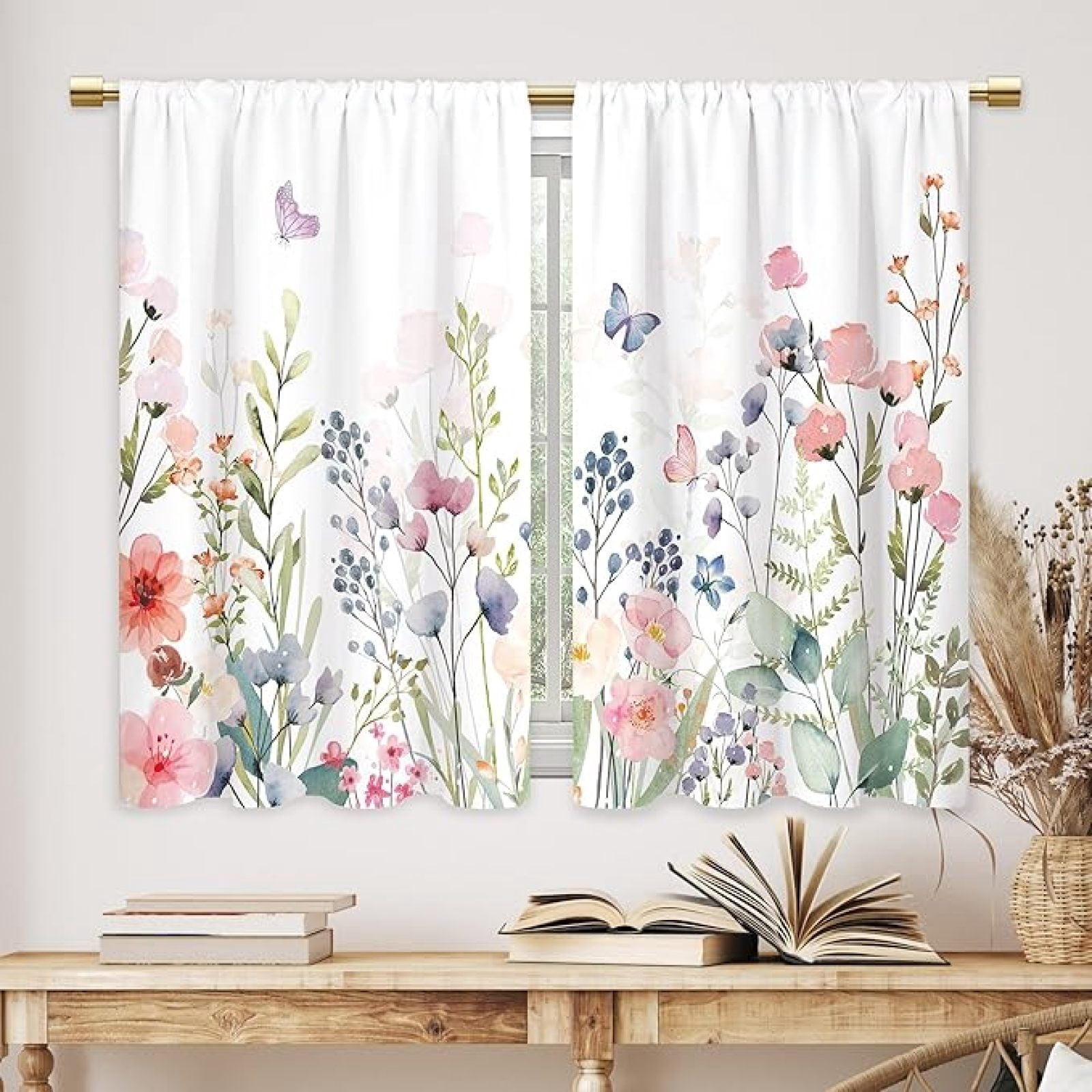 Watercolor Pink Flower Kitchen Curtains Floral Plant Wildflower ...