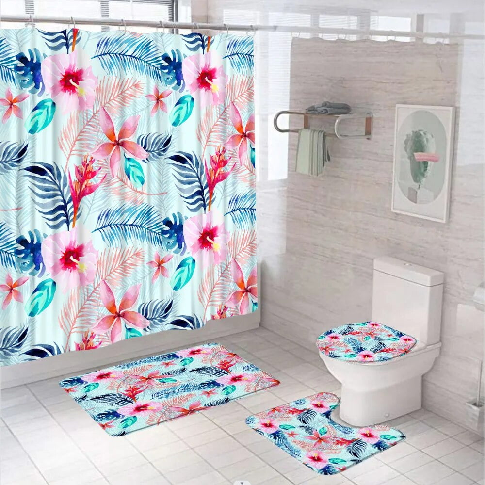 Watercolor Pink Flower Spring Shower Curtain Set Paisley Green Leaves ...