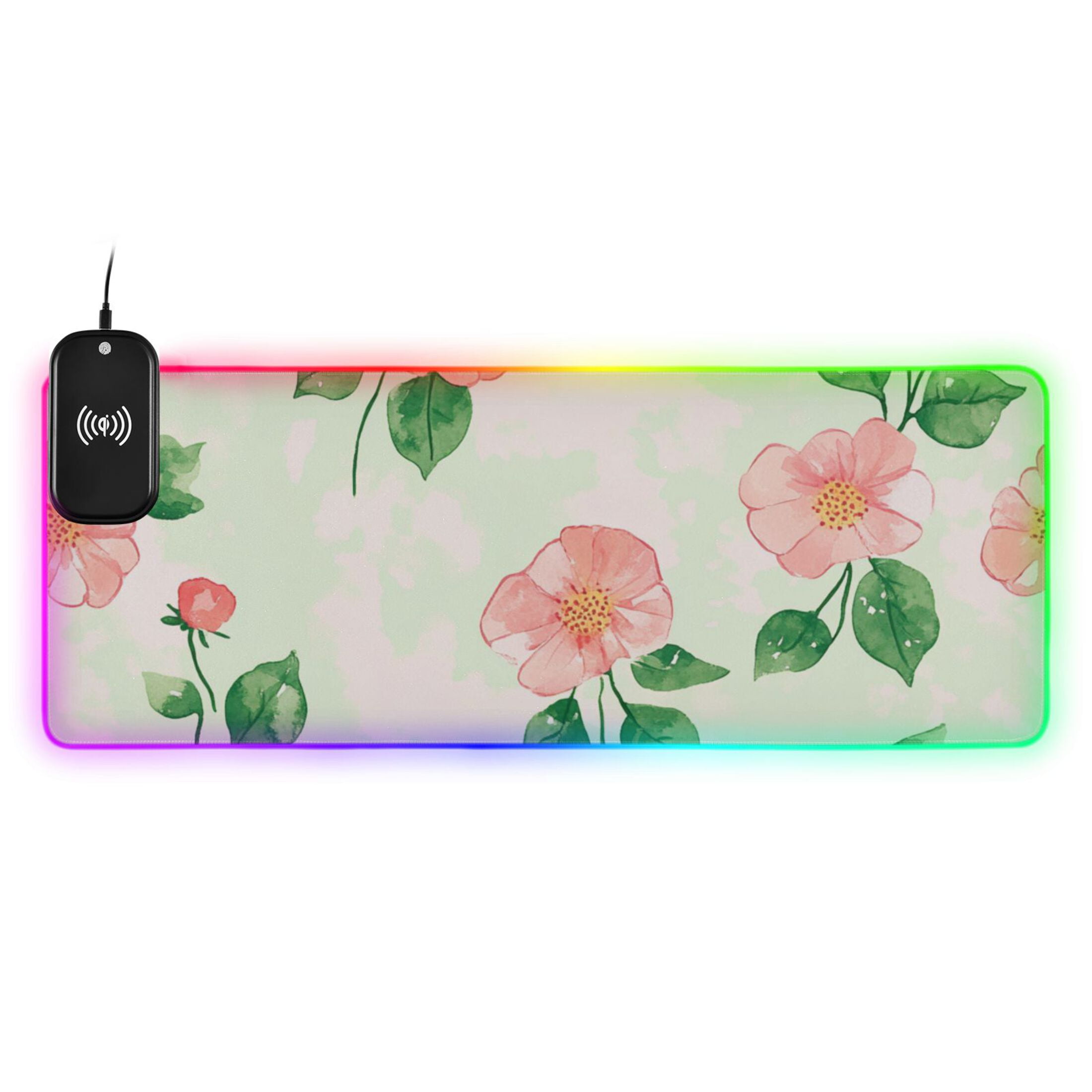 Watercolor Pink Flower Wireless Charging RGB Gaming Mouse Pad Large ...