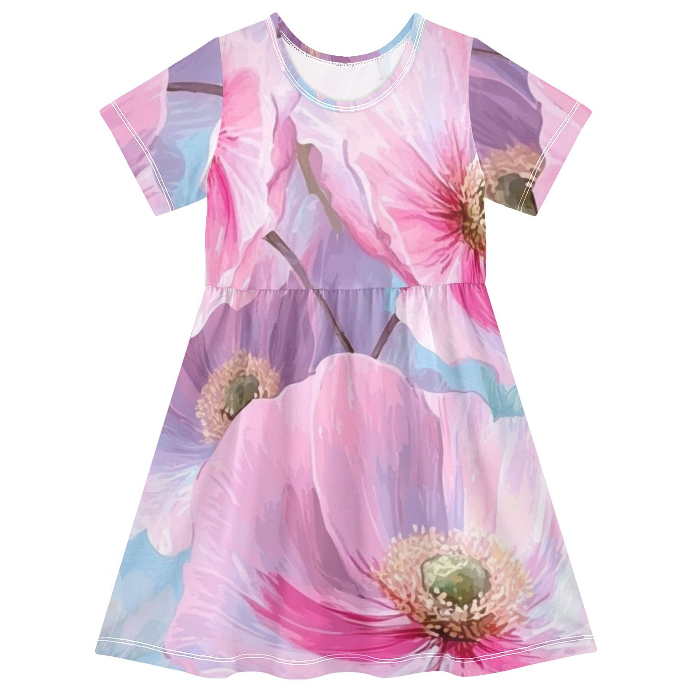 Watercolor Pink Flowers Girls' Short Sleeve Dress A-Line One-Piece ...