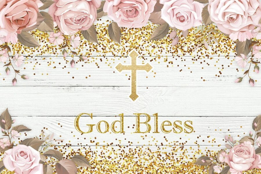 Watercolor Pink Flowers God Bless Backdrop Rustic Wood Board Cross ...