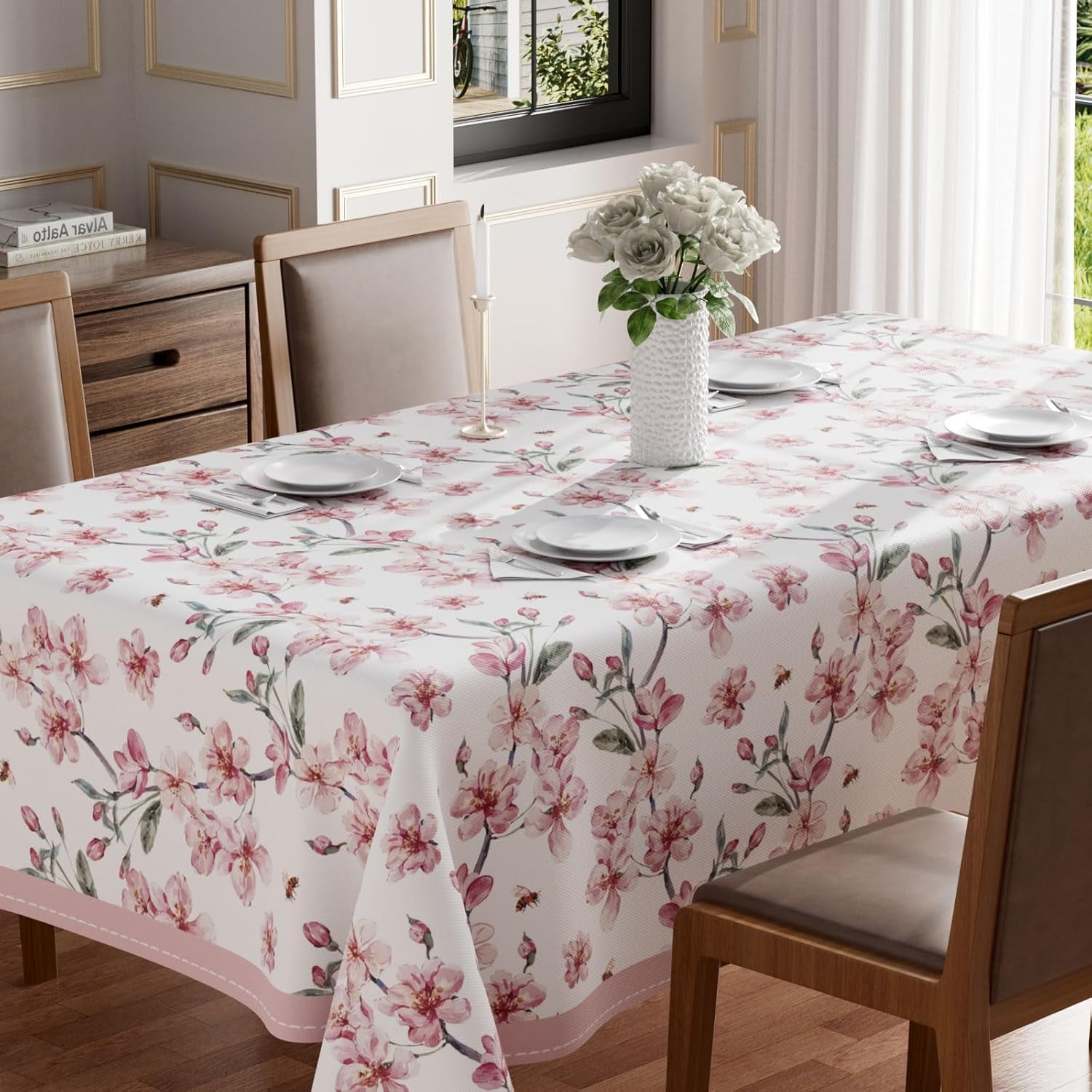 Watercolor Pink Flowers Leaves Bees Spring Tablecloth Rectangle ...