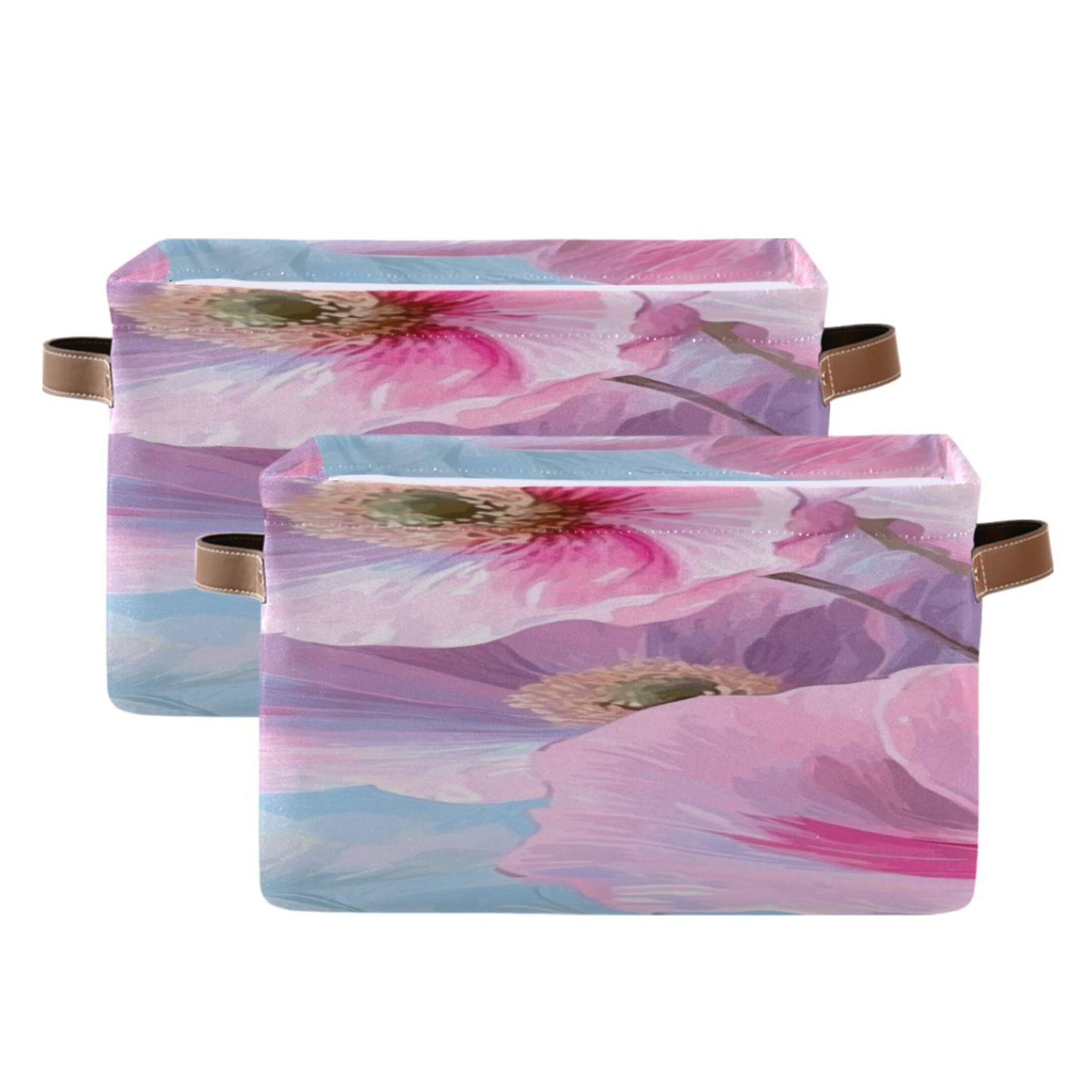 Watercolor Pink Flowers Square Storage Bins with Handles Collapsible ...