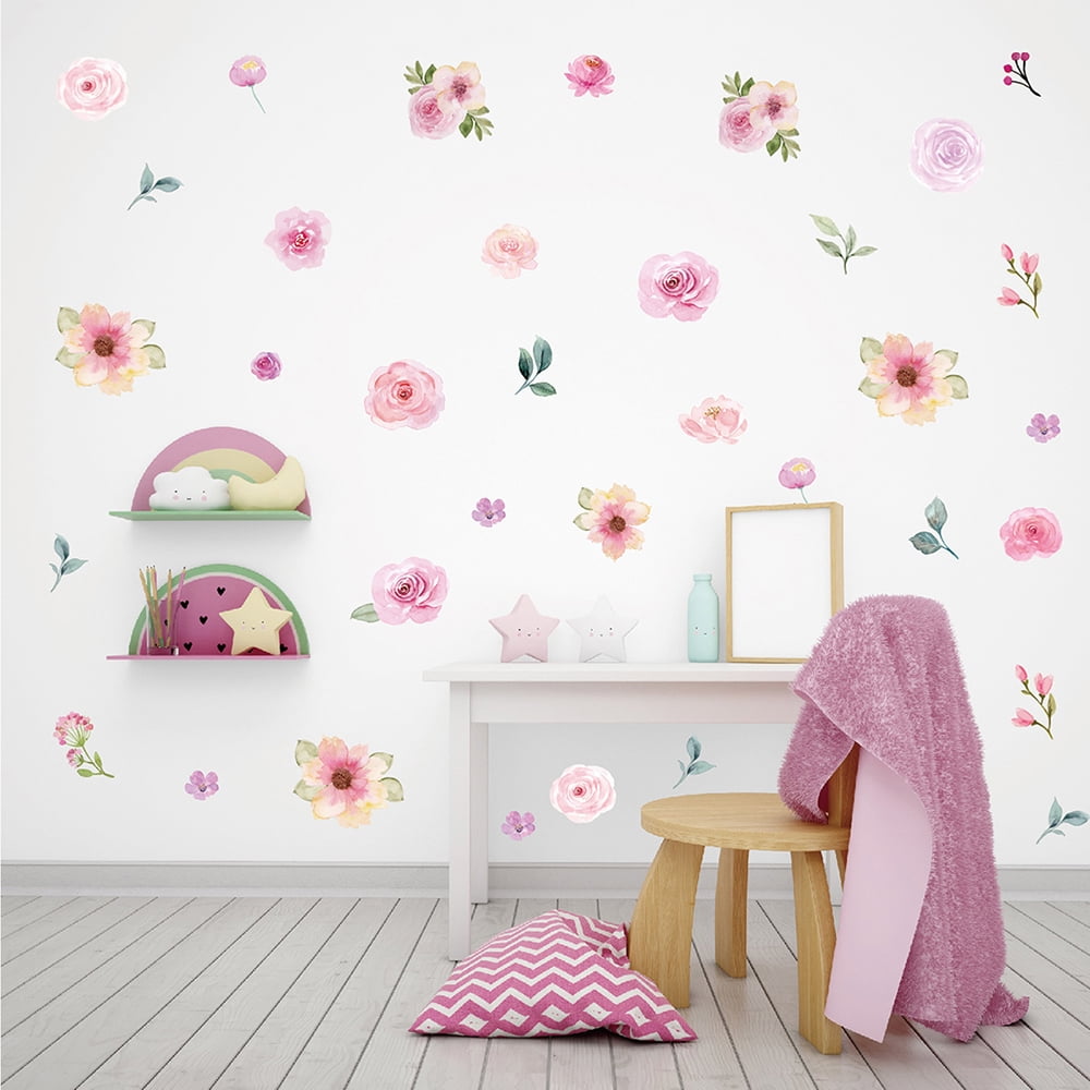 Watercolor Pink Flowers Wall Decal, for Girls Bedroom Wedding Party ...