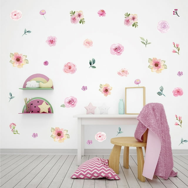 Watercolor Pink Flowers Wall Decal, for Girls Bedroom Wedding Party ...