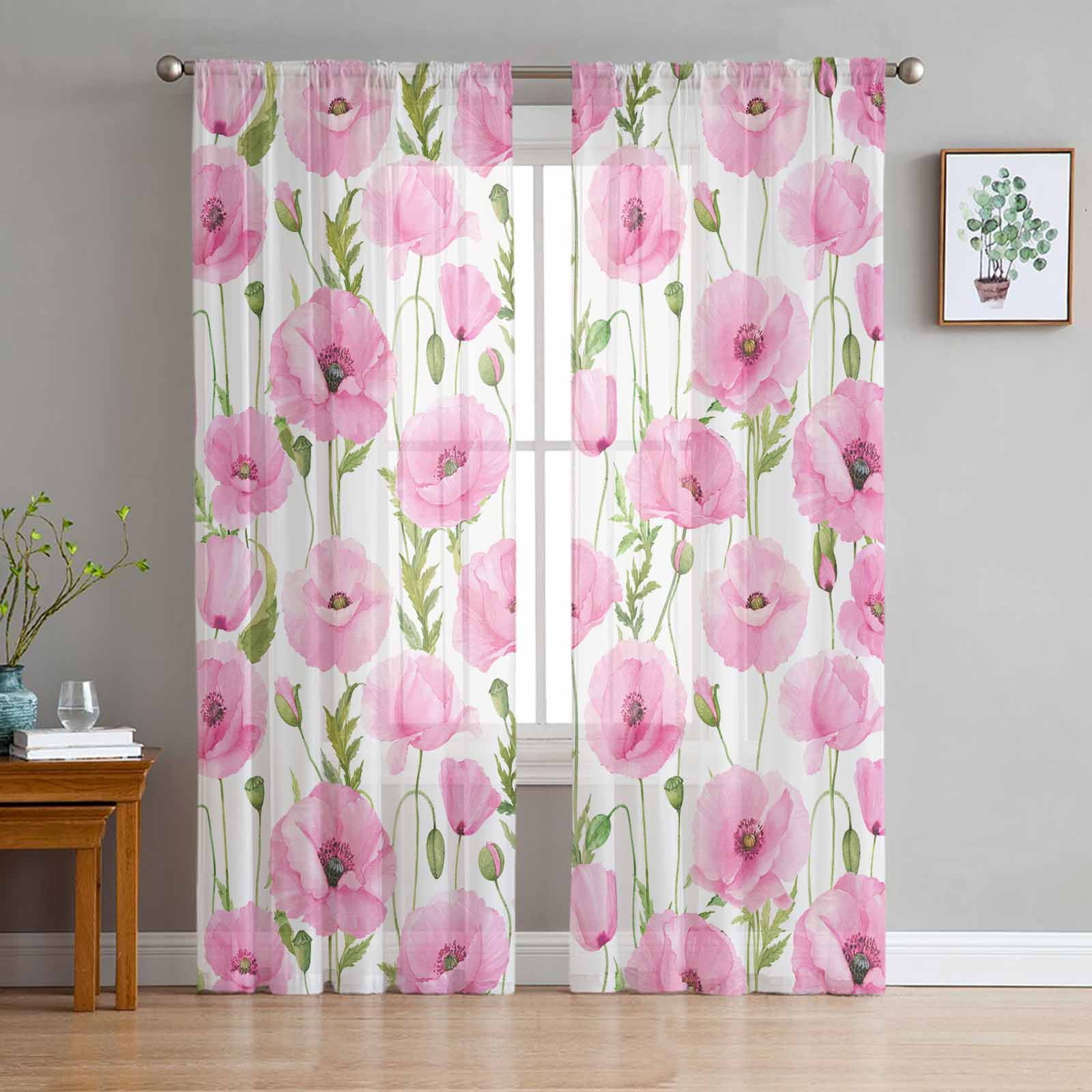 Watercolor Pink Poppy Flower Texture Triangle Tulle Sheer Curtains For ...