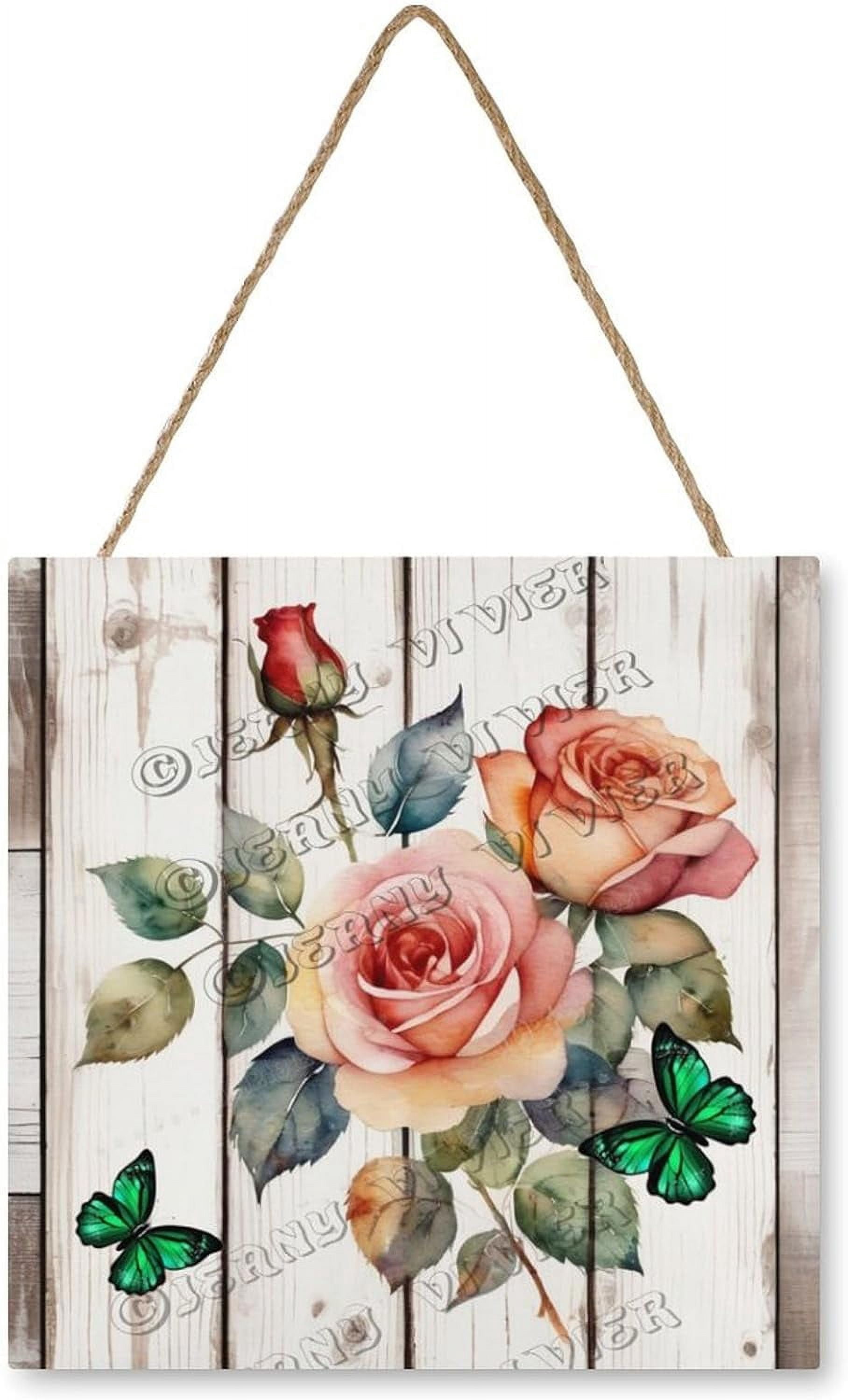 Watercolor Pink Rose Wooden Sign for Kitchen Rustic Rose Hanging Wood ...