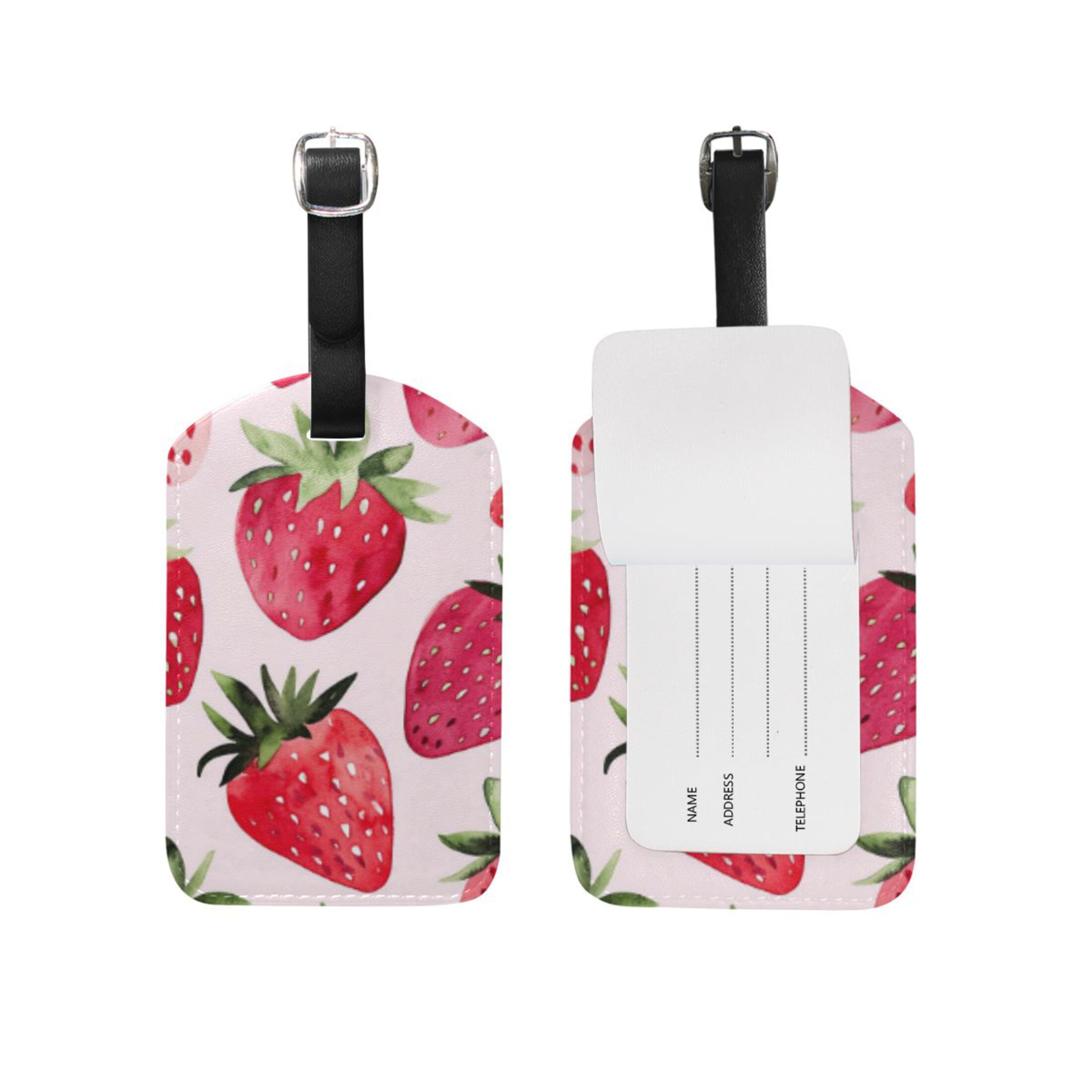 Watercolor Pink Strawberry Luggage Tags PU Leather Name ID Labels for ...