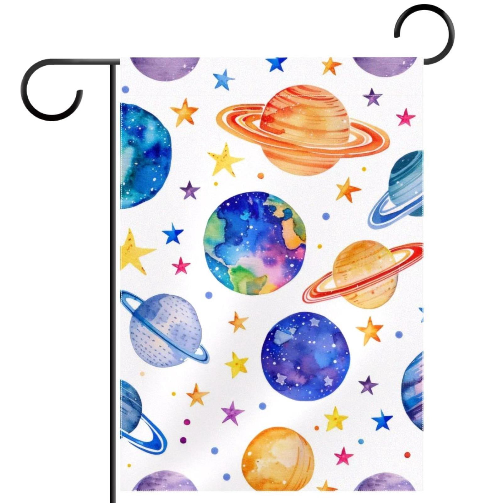 Watercolor Planets and Stars Cartoon Pattern Double Sided Garden Flag ...