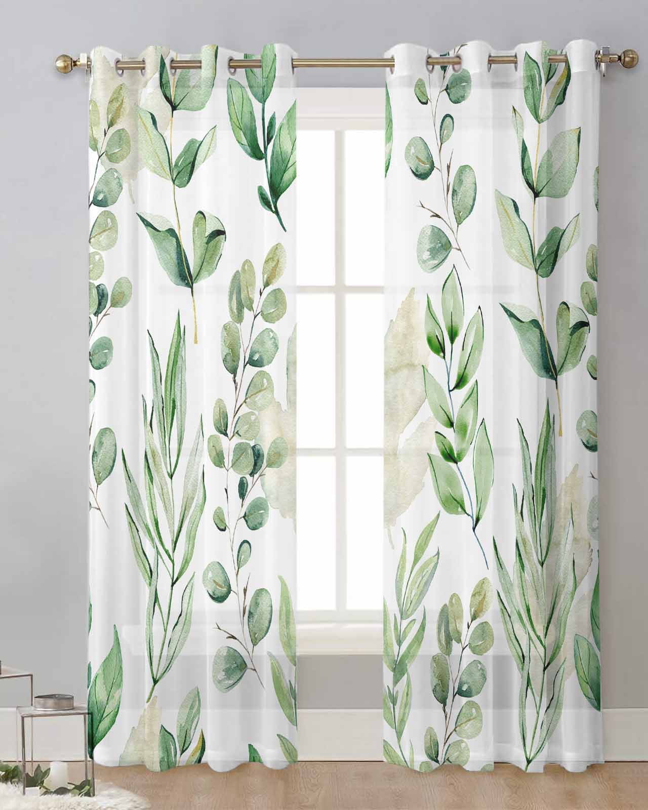 Watercolor Plant Leaf Texture Sheer Curtains For Living Room Window ...