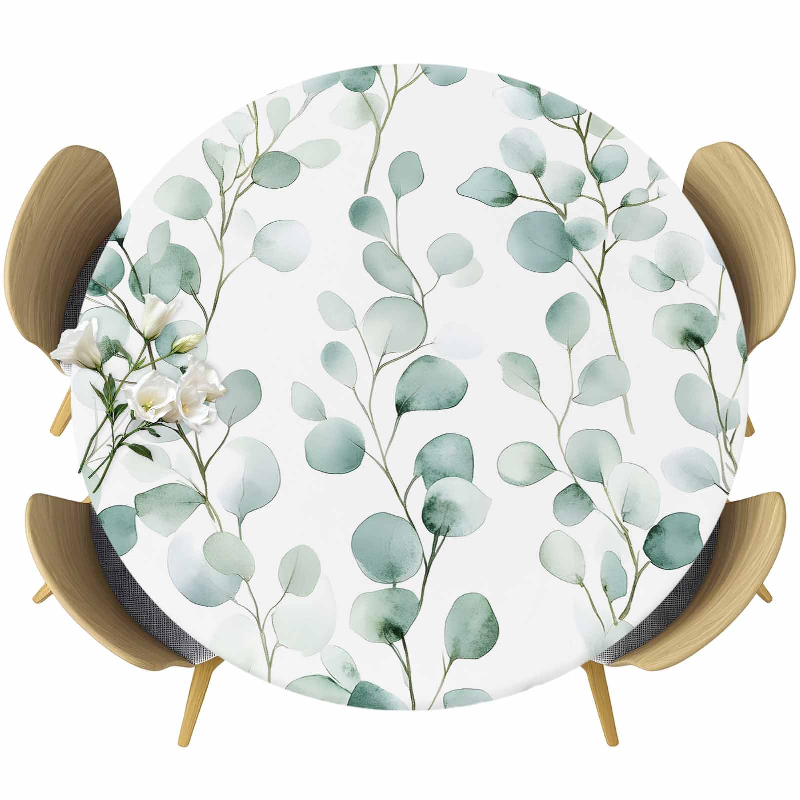 Watercolor Plant Round Fitted Table Cover Green Eucalyptus Leaf Farm ...