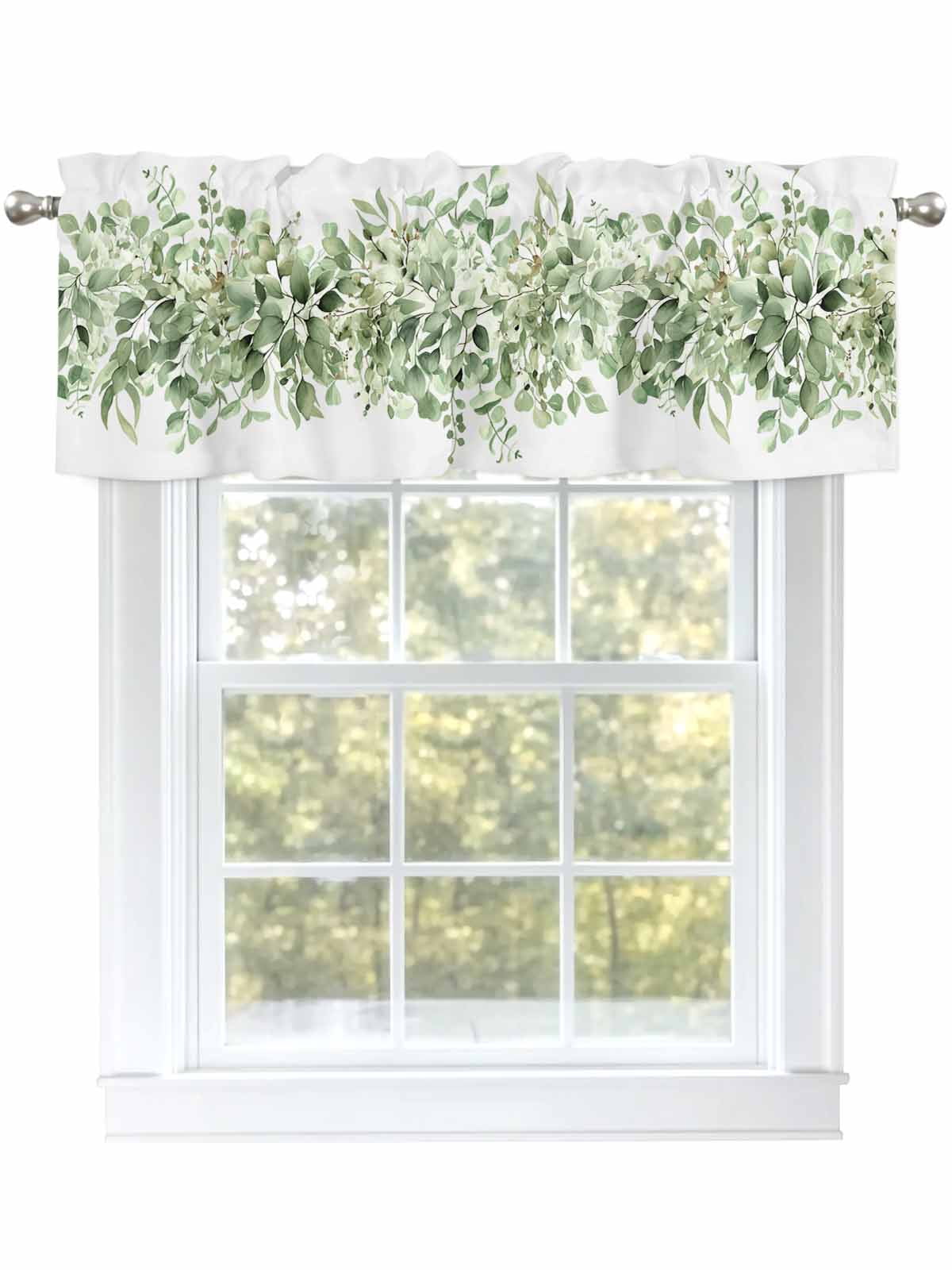 Watercolor Plants Eucalyptus Leaves Sage Green Valances Curtain Kitchen ...