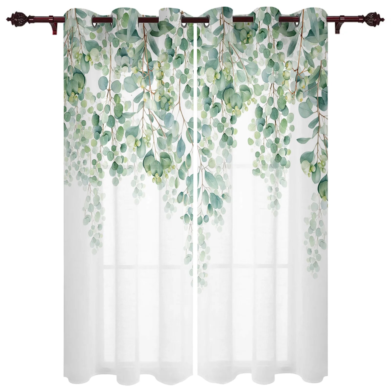 Watercolor Plants Green Leaves Modern Window Curtains for Living Room ...