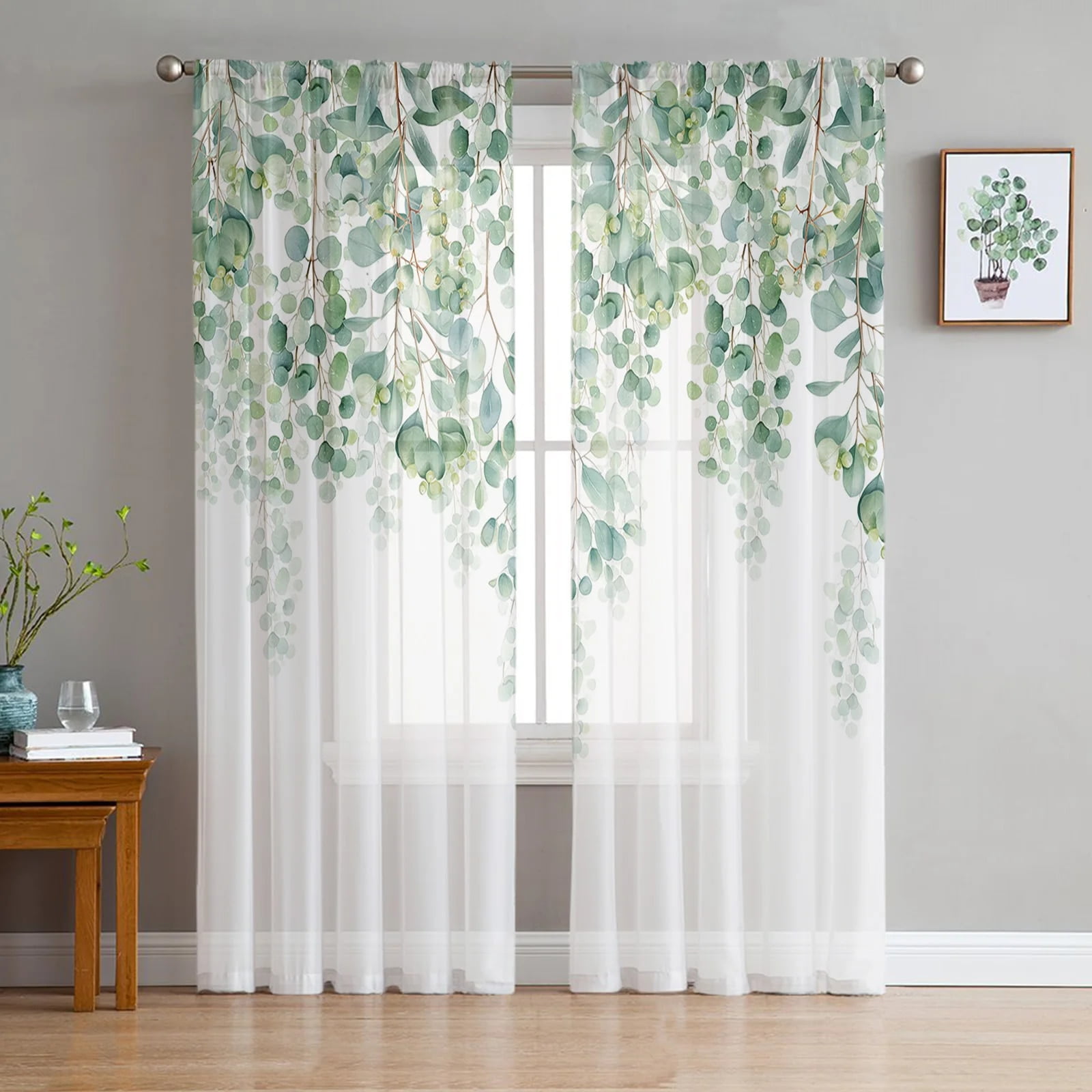 Watercolor Plants Green Leaves Tulle Curtains for Living Room Sheer ...