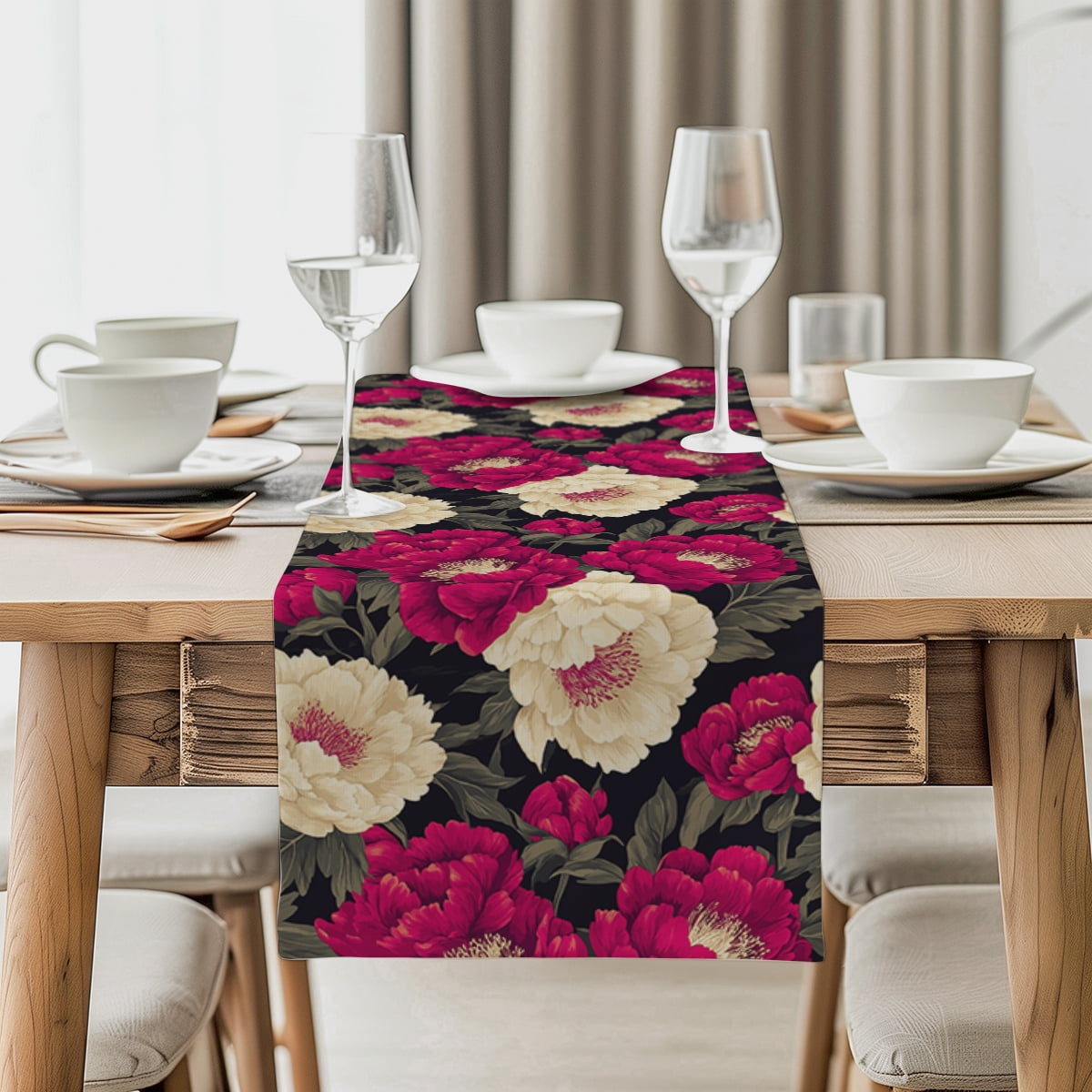 Watercolor Plants and Flowers Table Runners Washable Dresser Dining ...